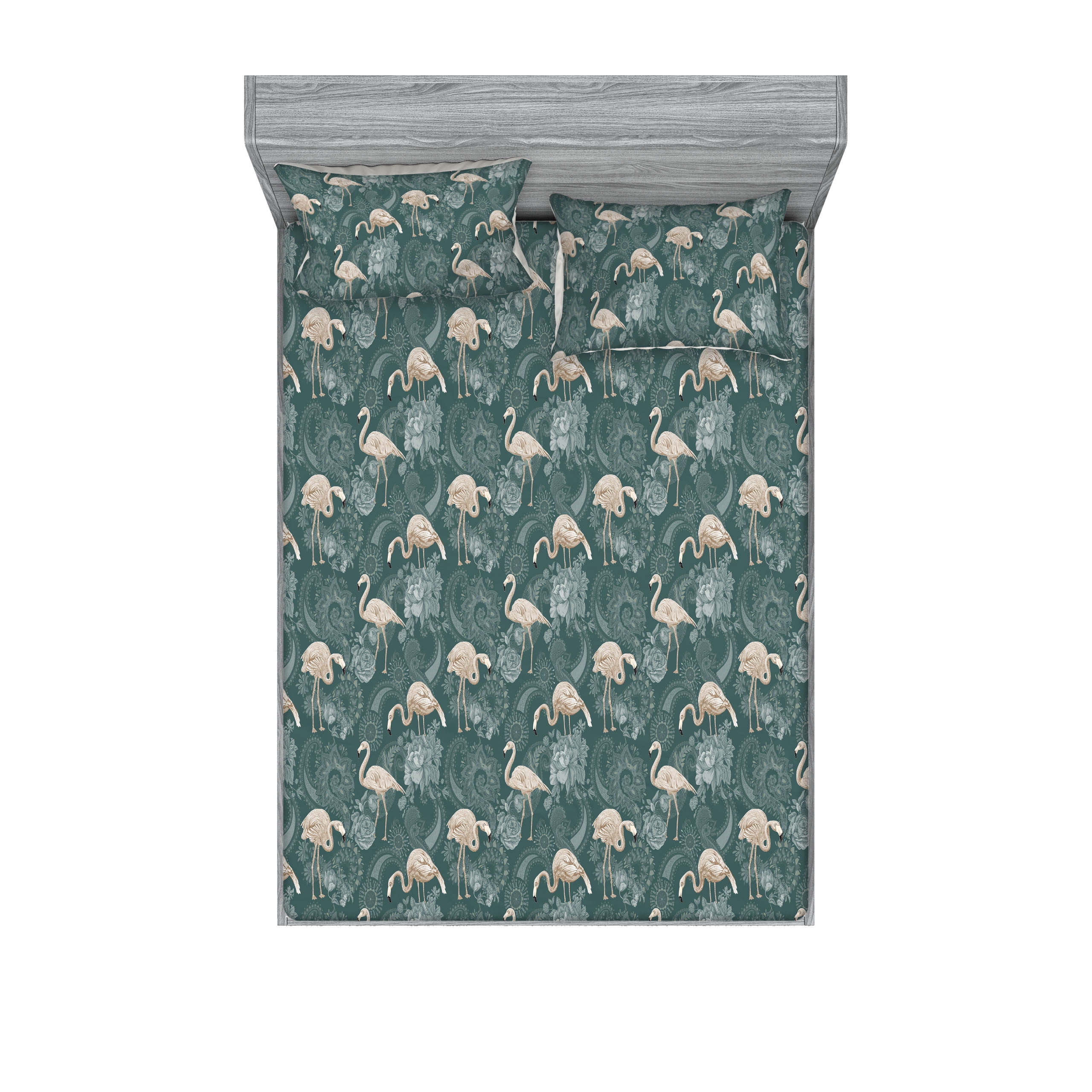 Flamingo Fitted Sheet & Pillow Sham Set, Exotic Bird Sketch With Rose ...