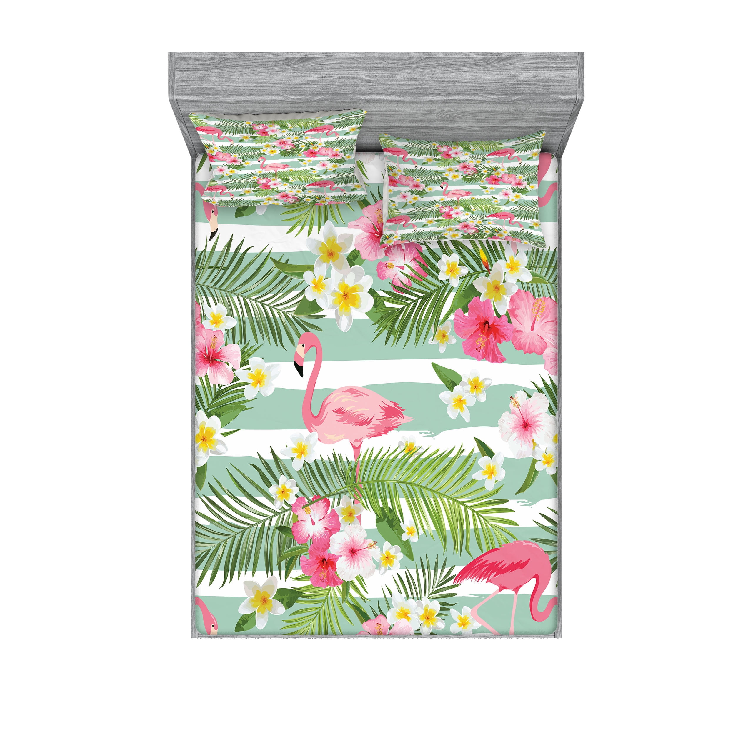 Flamingo Fitted Sheet & Pillow Sham Set, Flamingos with Exotic Hawaiian ...