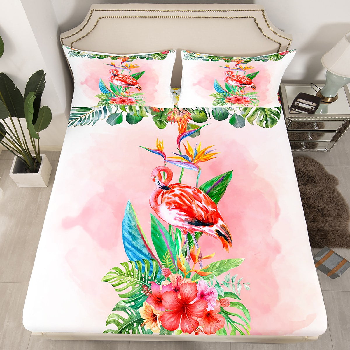 Flamingo Fitted Sheet Palm Leaves Full Bed Sheets,Wild Animals Bedding ...