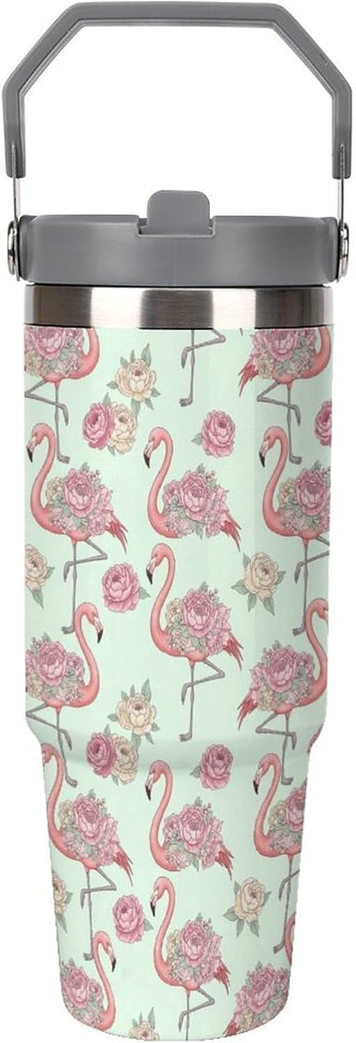 Flamingo Floral Pattern Print 30 Oz Tumbler with Handle And Straw Lid ...