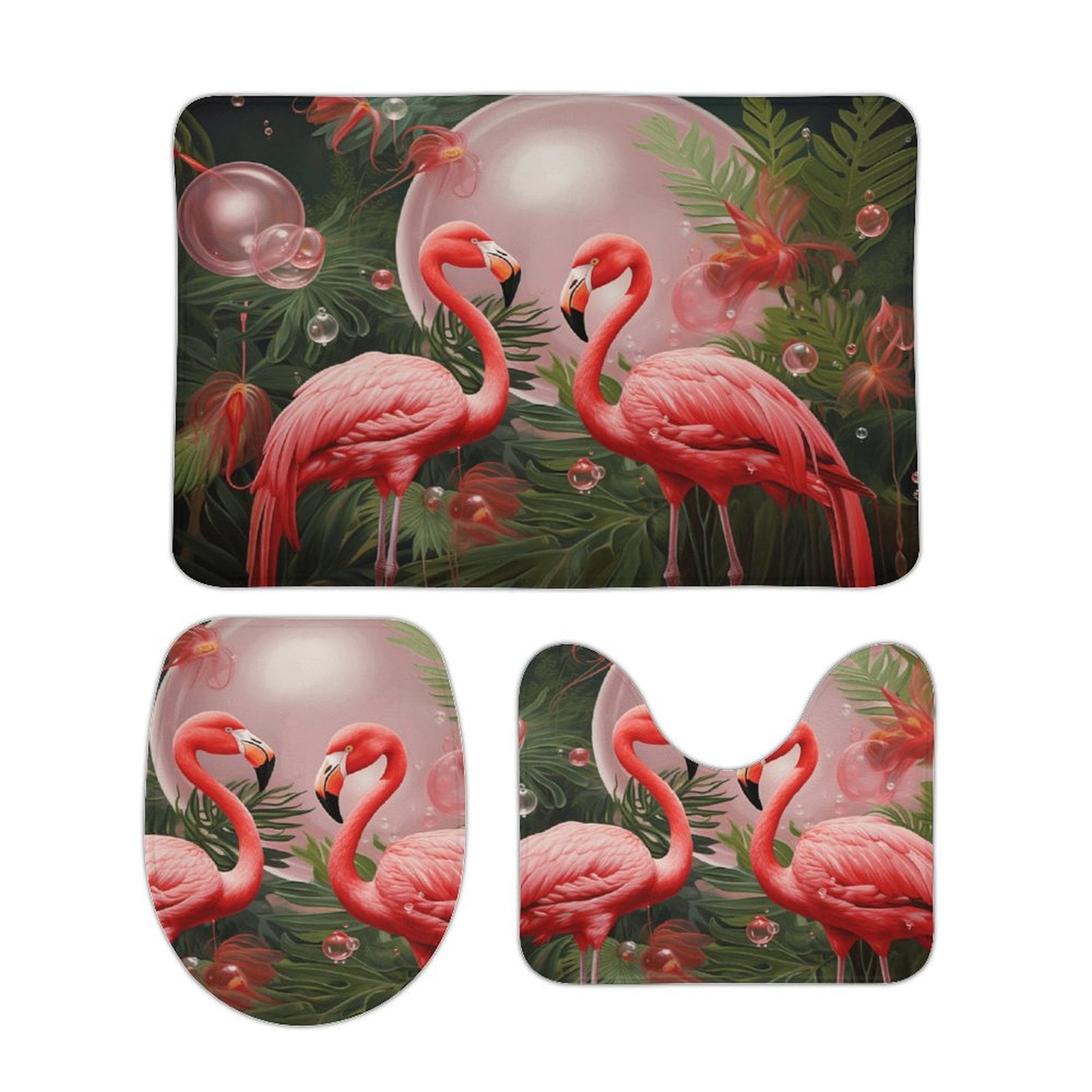 Flamingo Flower Tropical Bathroom Mats Set 3-piece Bath Mats , Washable ...