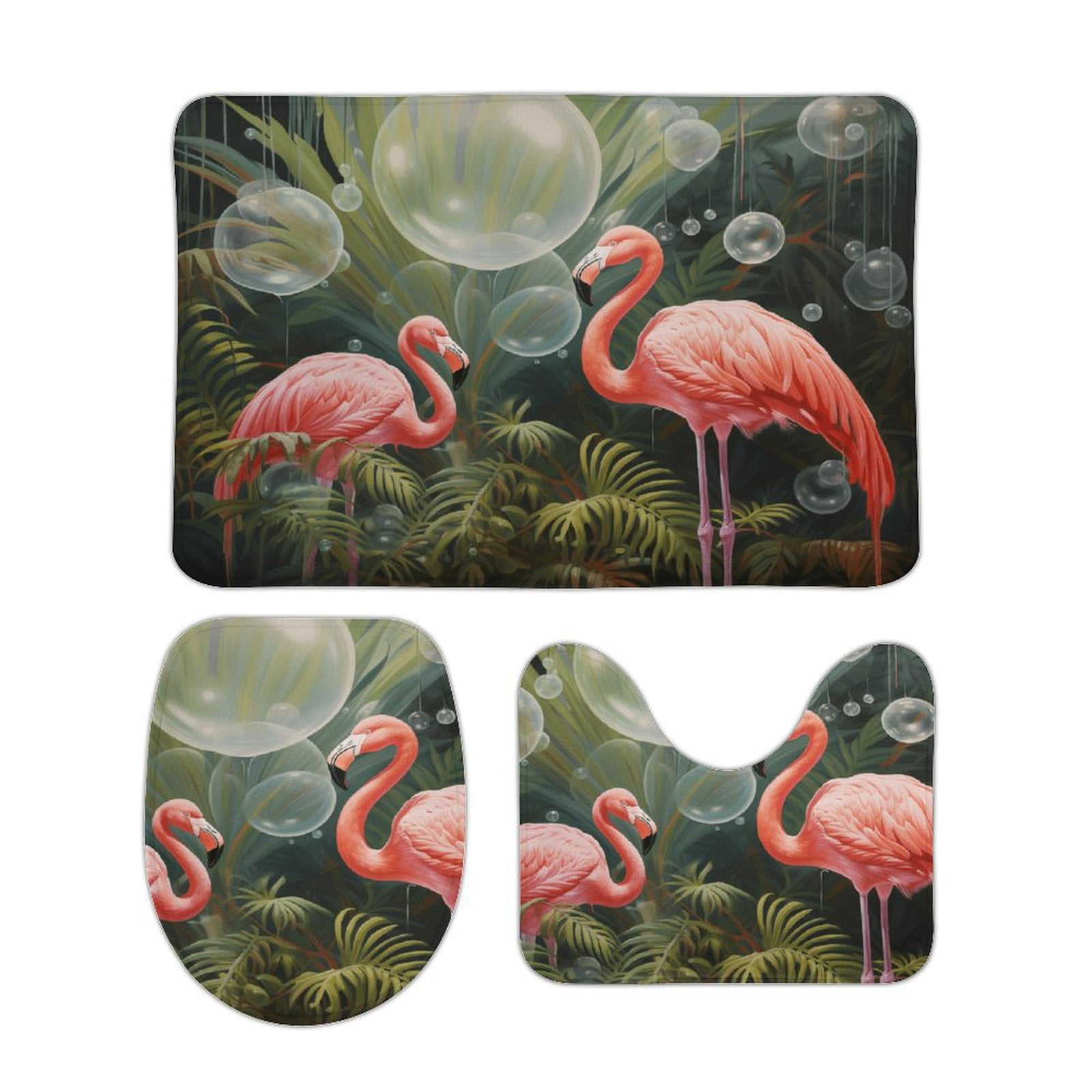 Flamingo Flower Tropical Bathroom Mats Set 3-piece Bath Mats , Washable ...