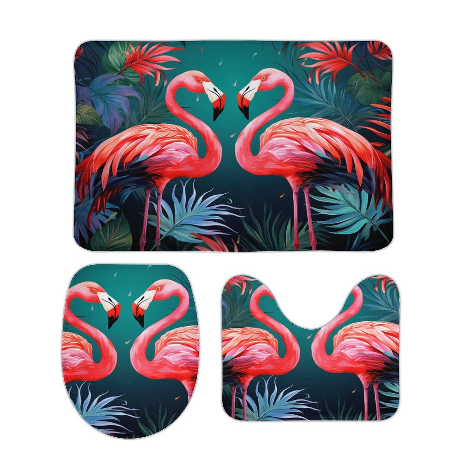 Flamingo Flower Tropical Bathroom Mats Set 3-piece Bath Mats , Washable ...