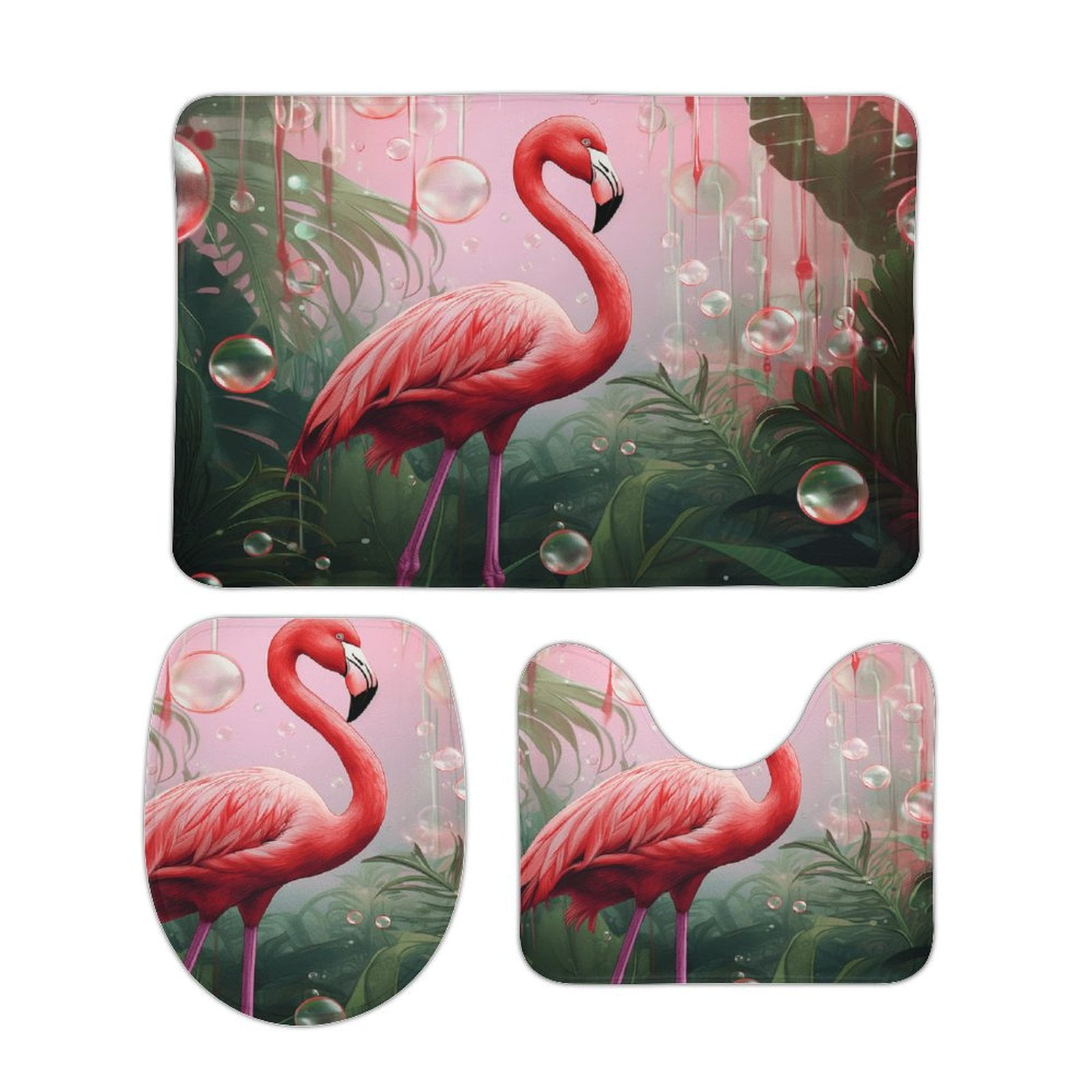 Flamingo Flower Tropical Bathroom Mats Set 3-piece Bath Mats , Washable ...