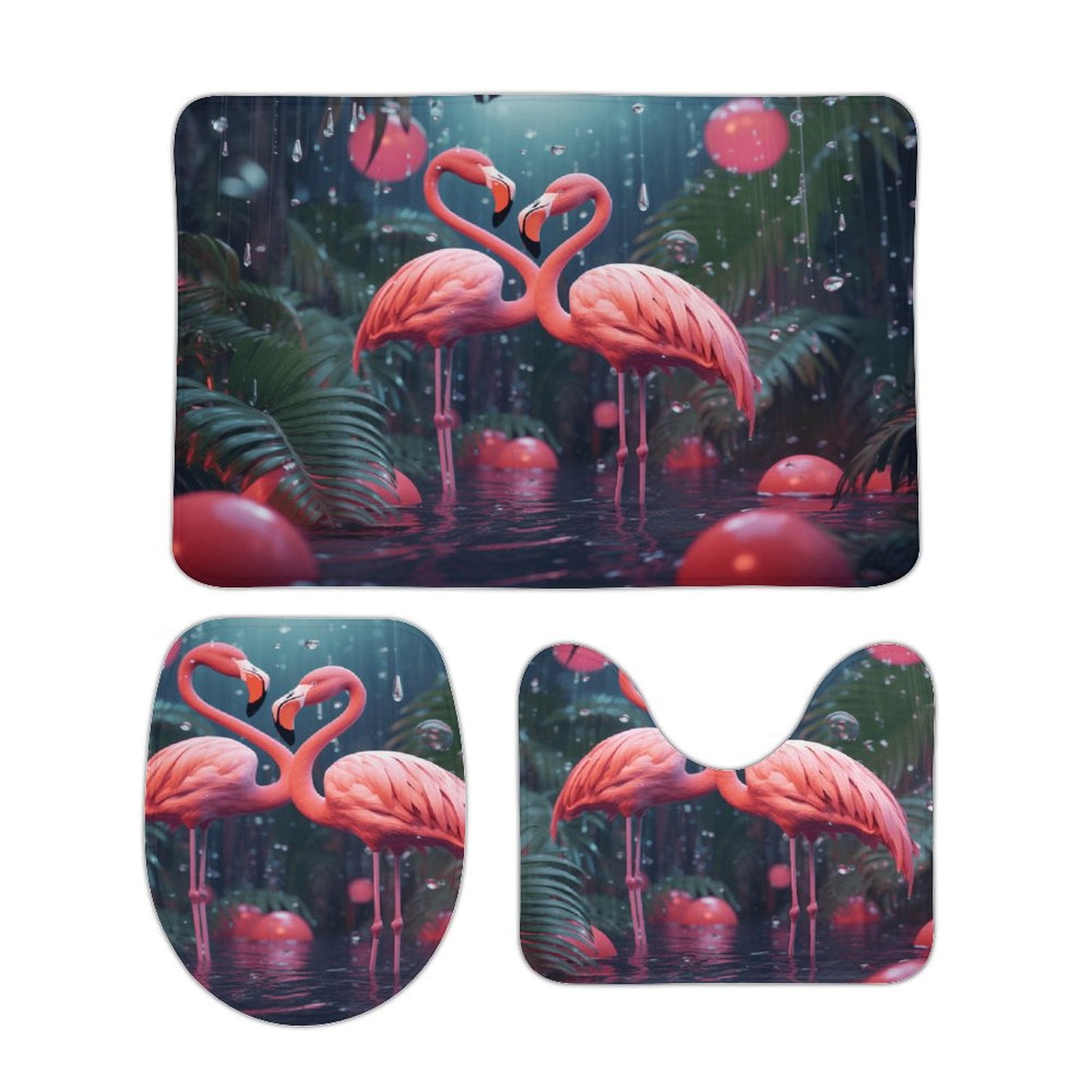 Flamingo Flower Tropical Bathroom Rugs Set 3 Piece with Non-Slip Bath ...