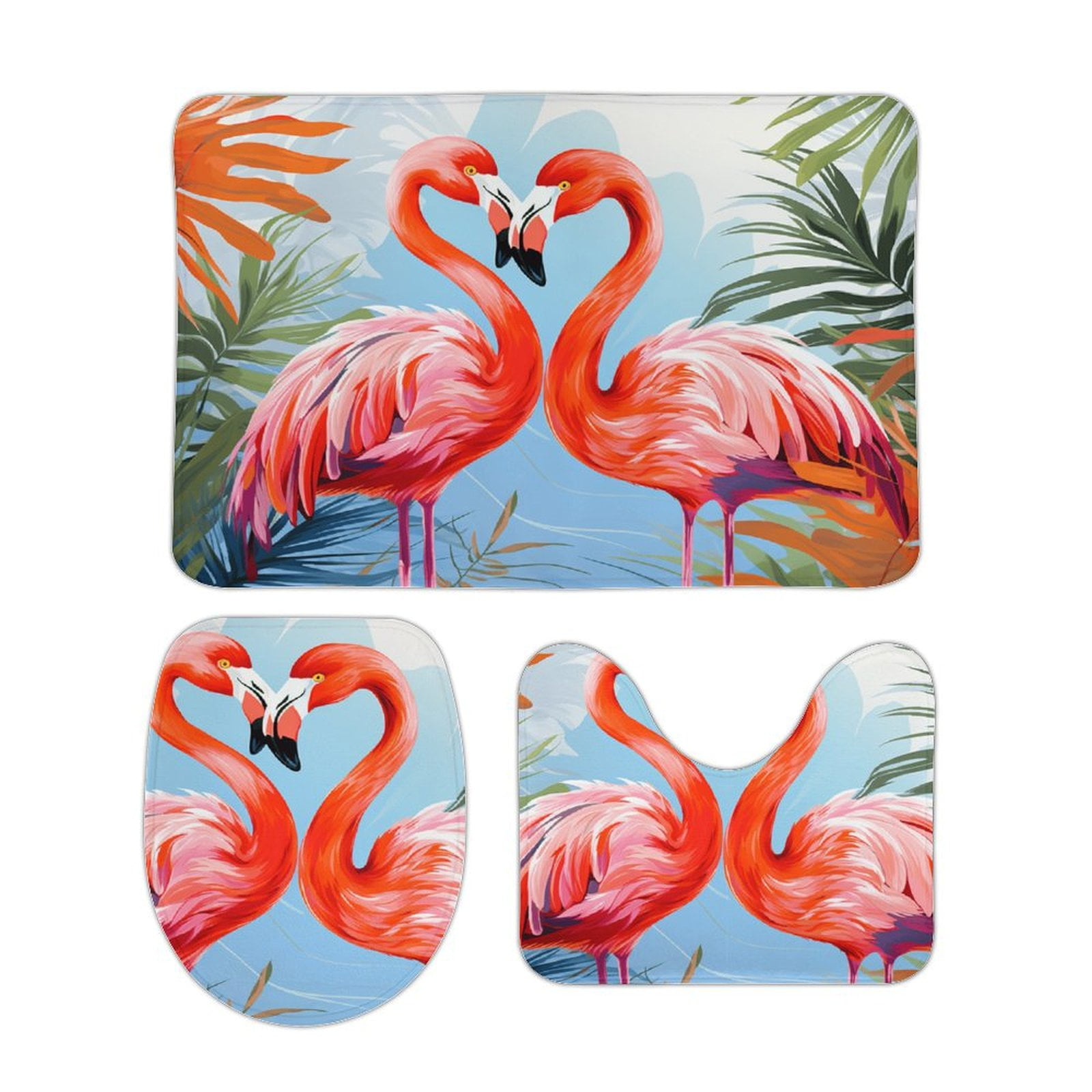 Flamingo Flower Tropical Bathroom Rugs Set 3 Piece with Non-Slip Bath ...