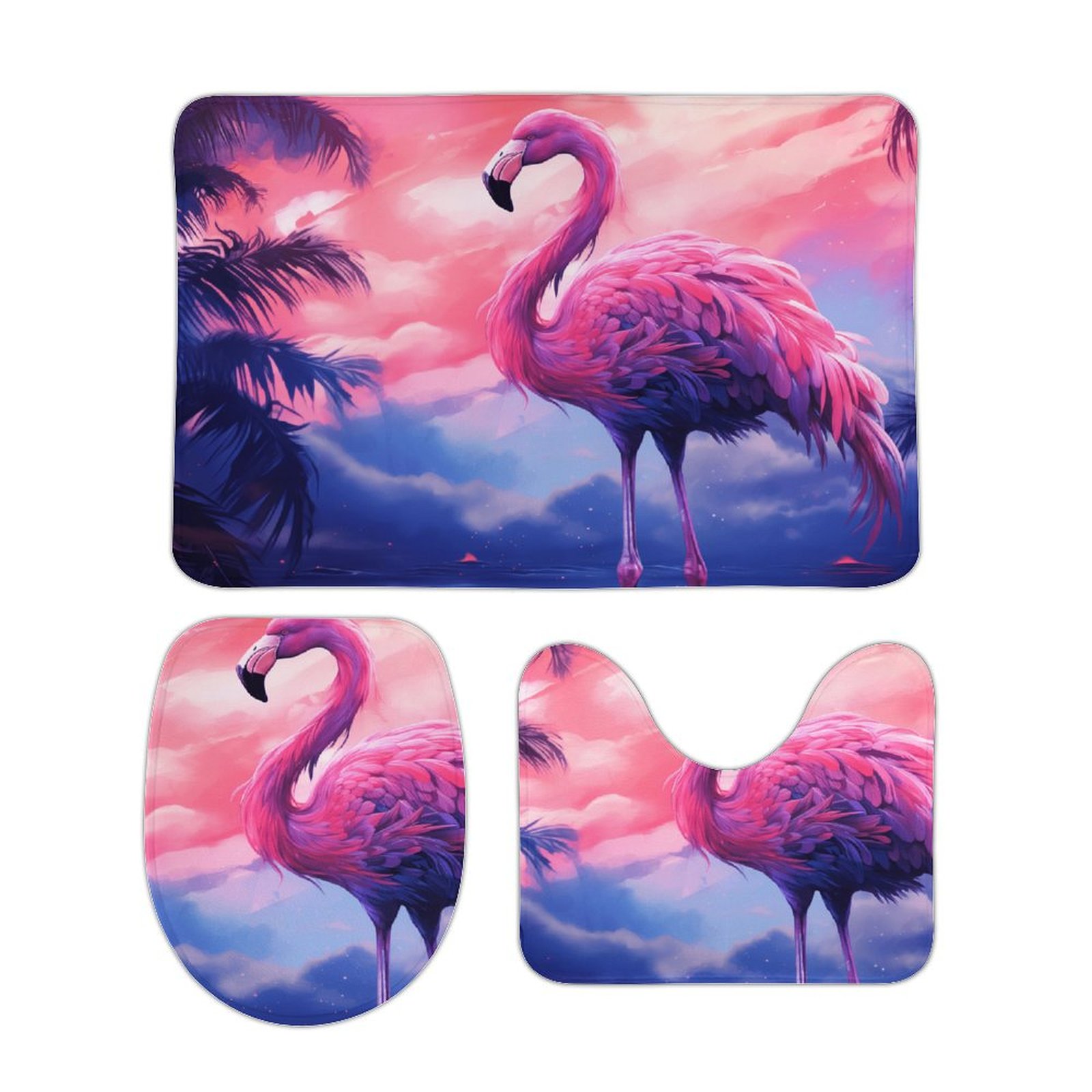 Flamingo Flower Tropical Bathroom Rugs Set 3 Piece with Non-Slip Bath ...