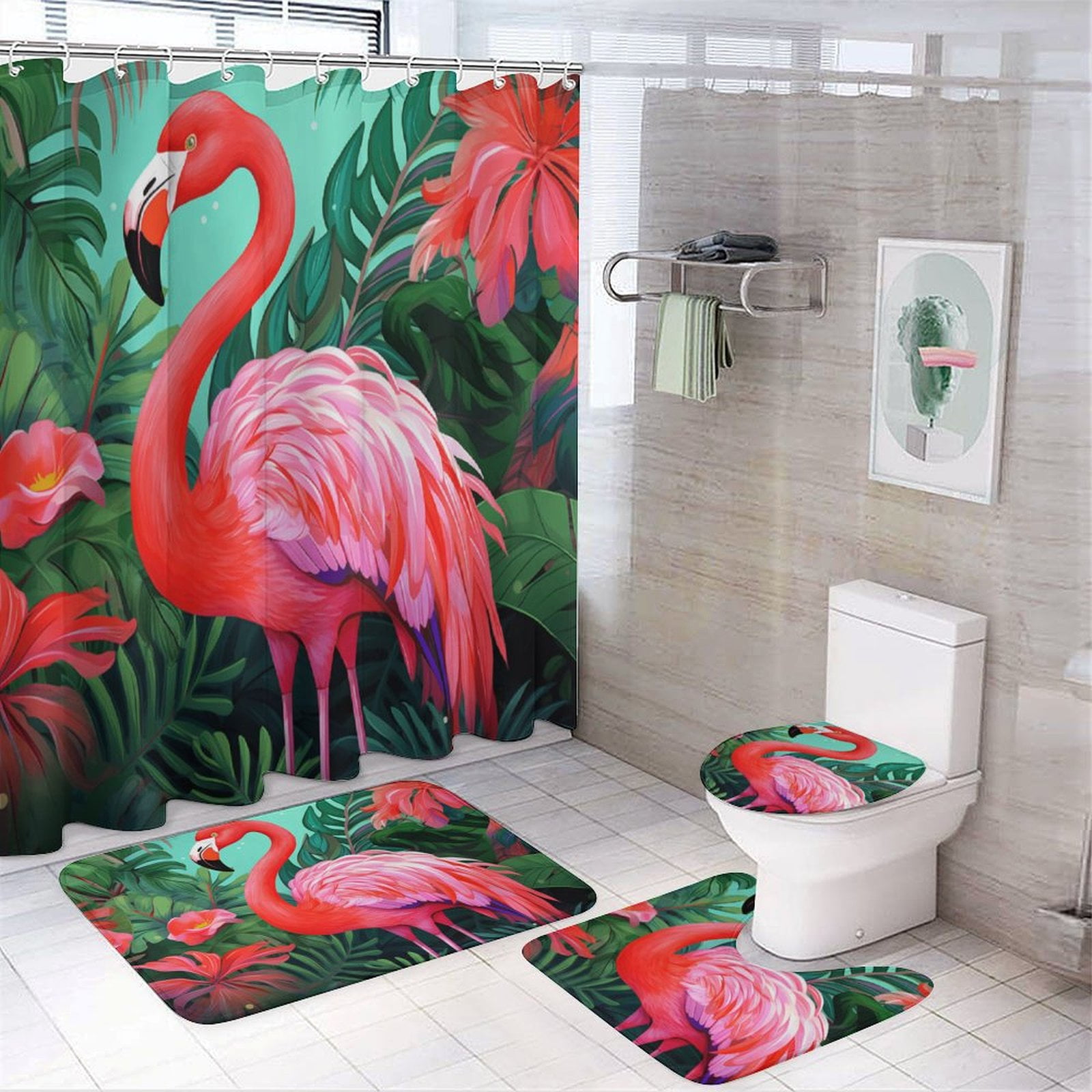Flamingo Flower Tropical Shower Curtain Set Waterproof Bathroom Toilet ...