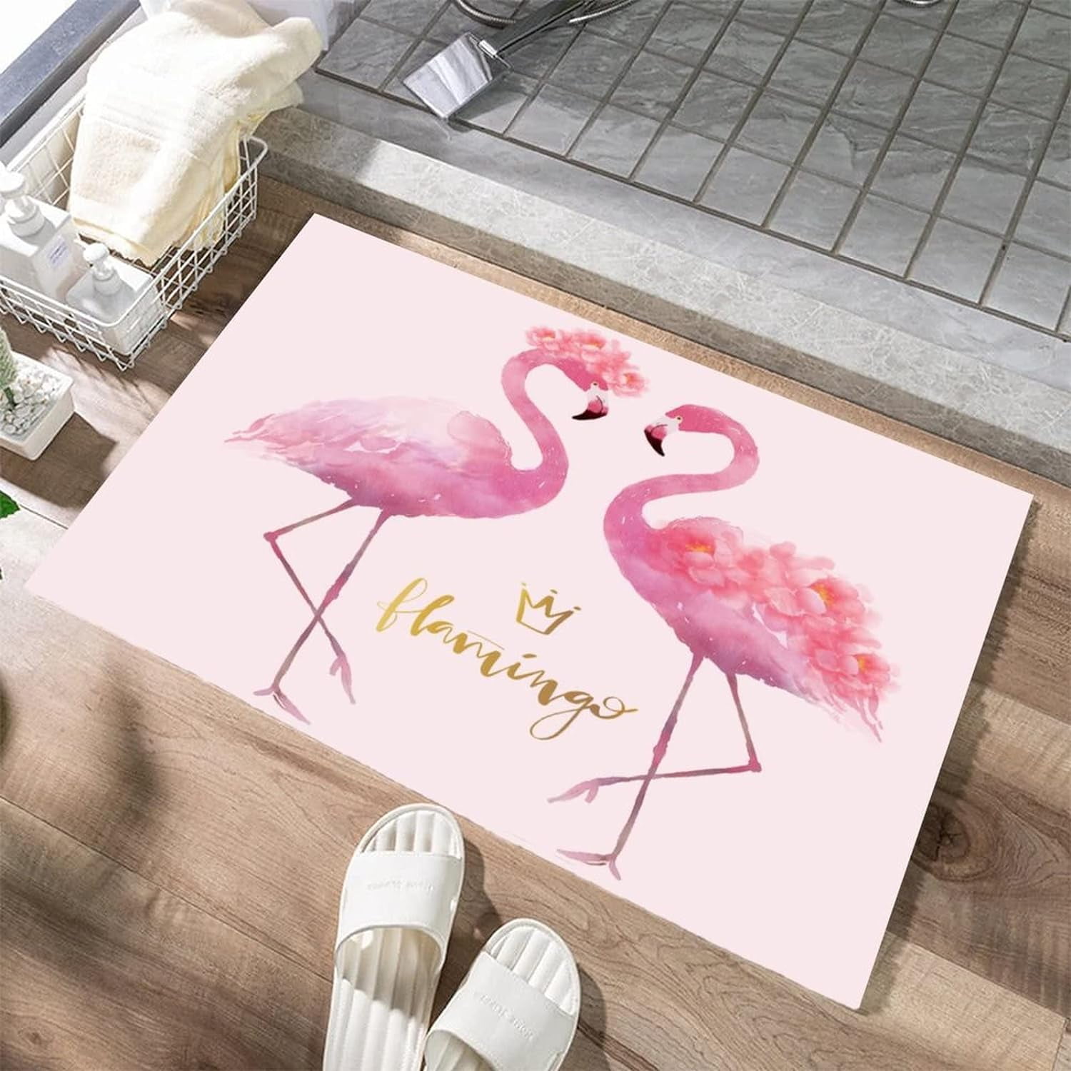 Flamingo with Flowers Kitchen Mat Oil Painting Pink Background Non Slip ...