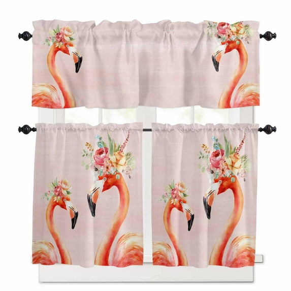 Flamingo Flowers Window Curtains Valance Set of 3 Tropical Red Flamingo ...