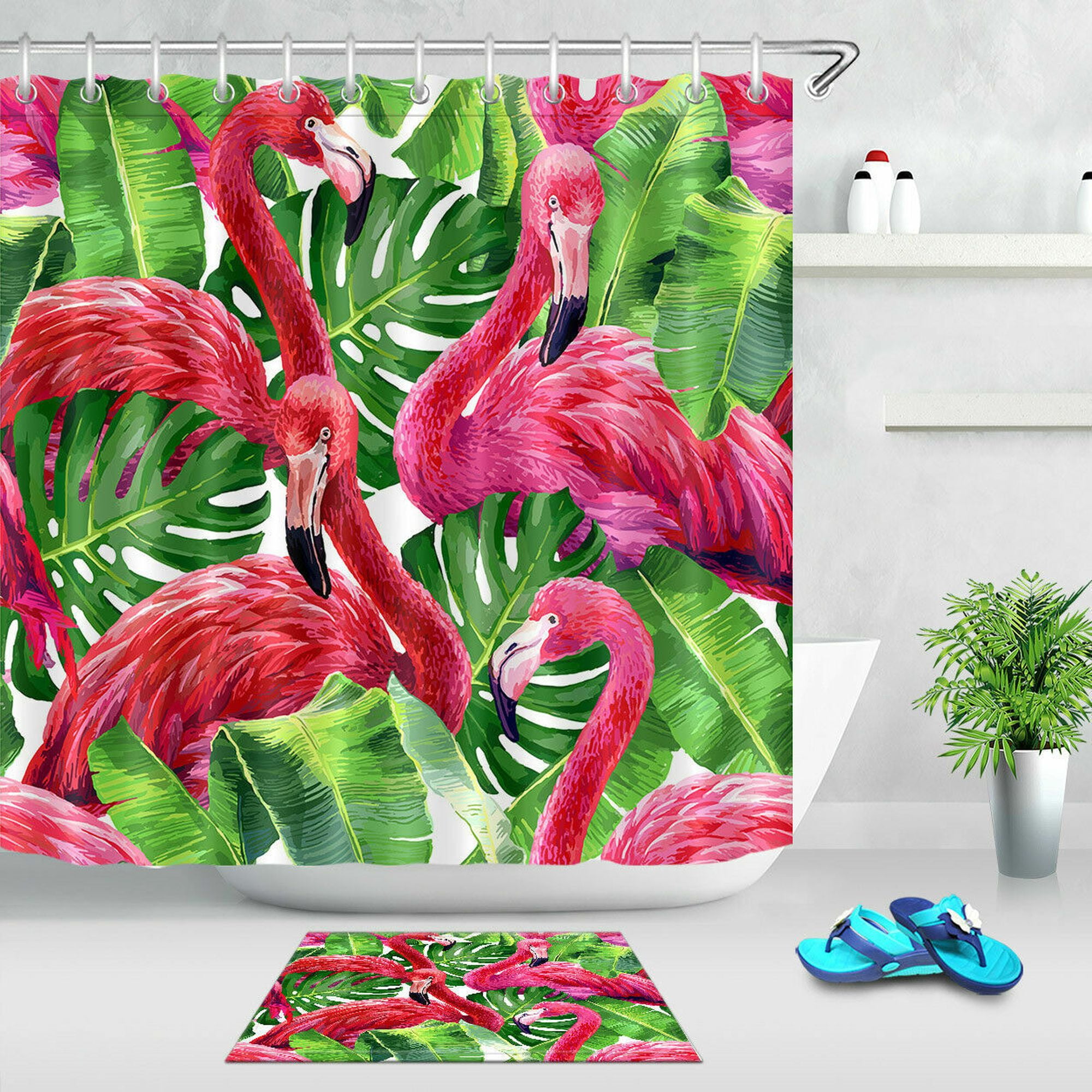 Flamingo Foliage Bathroom Set: Lively Leaves, Playful Pink Birds, and ...