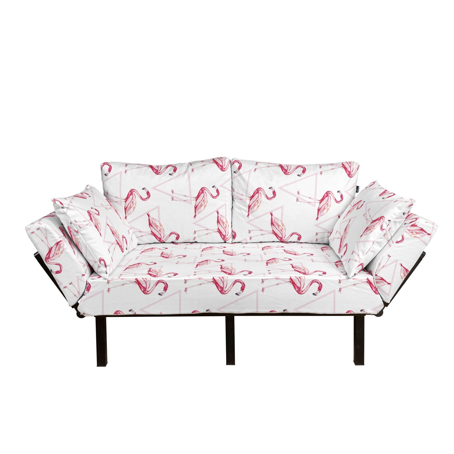 Flamingo Futon Couch, Realistic Drawing Style Animals on Geometrical ...