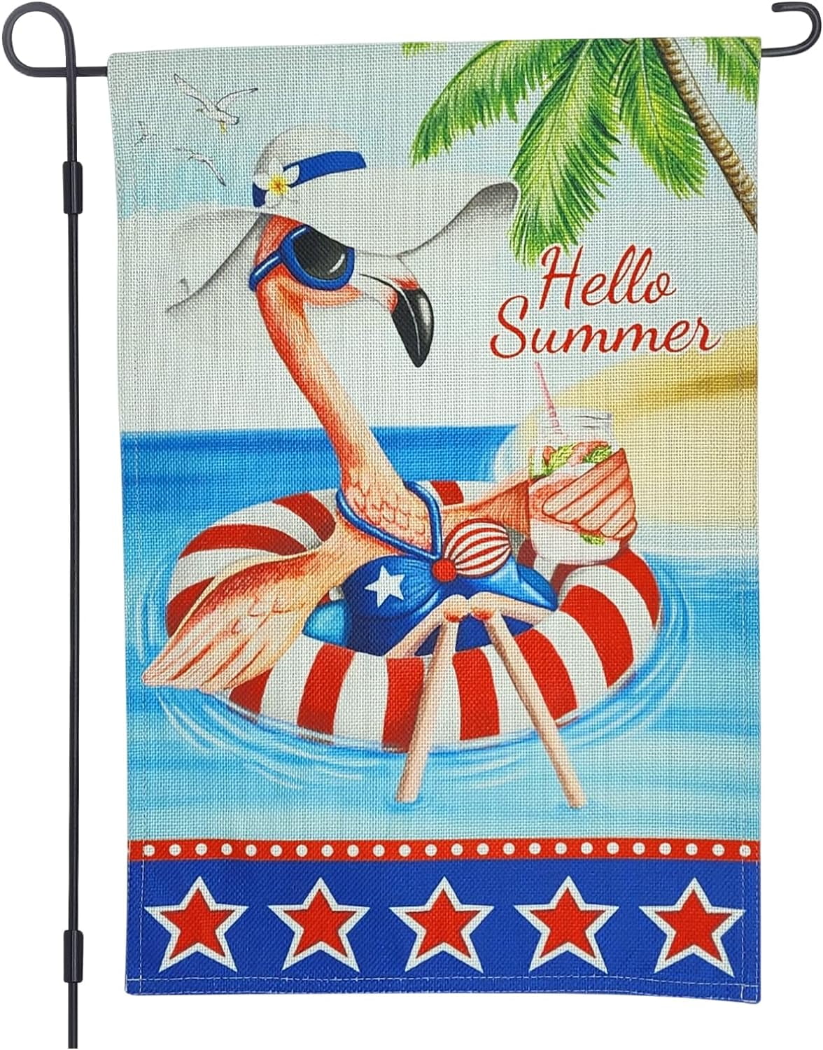 Flamingo Garden Flag Beach Tropical Palm Trees Hello Summer Garden ...