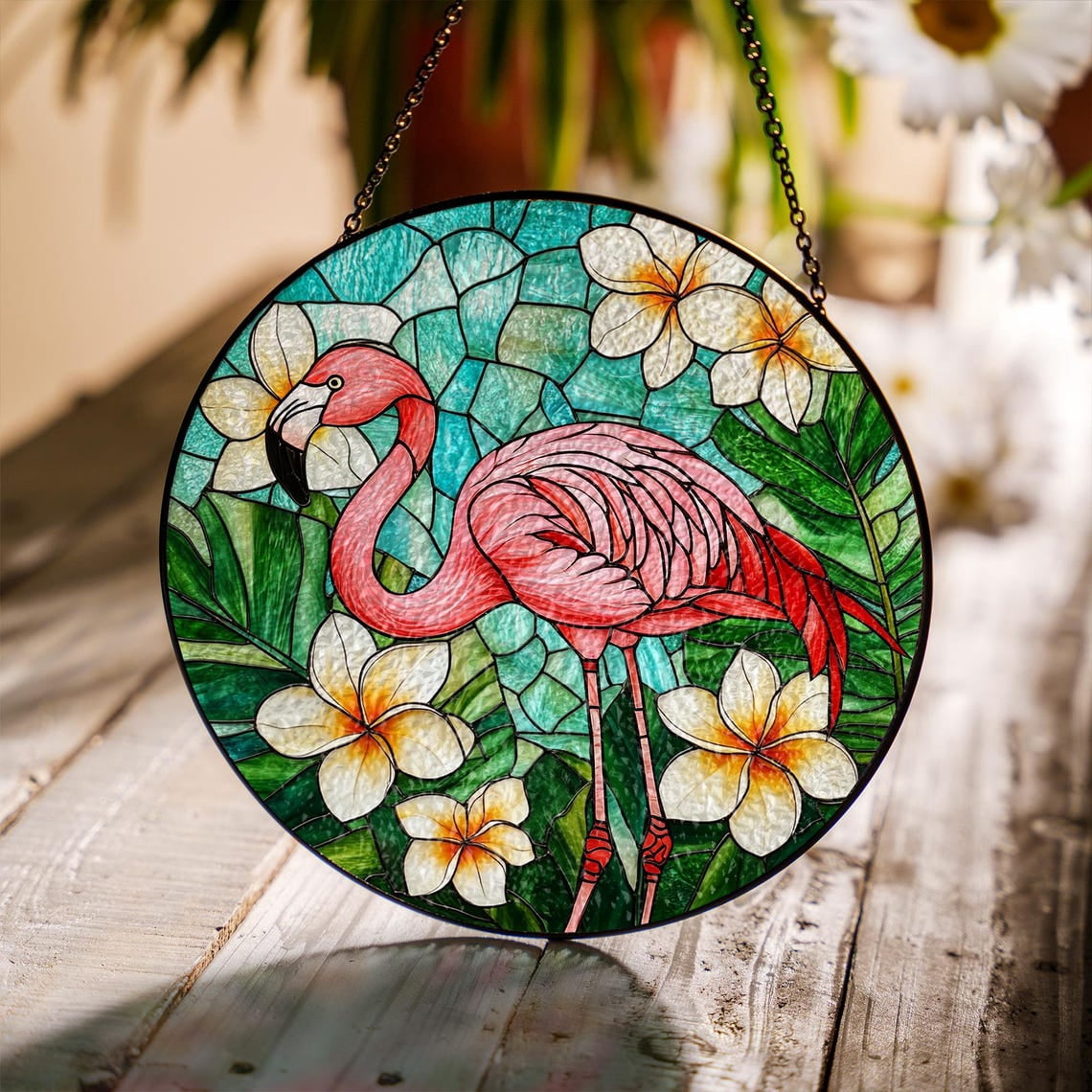 Flamingo Glass Suncatcher v7, Tropical Bird Window Hanging, Pink ...