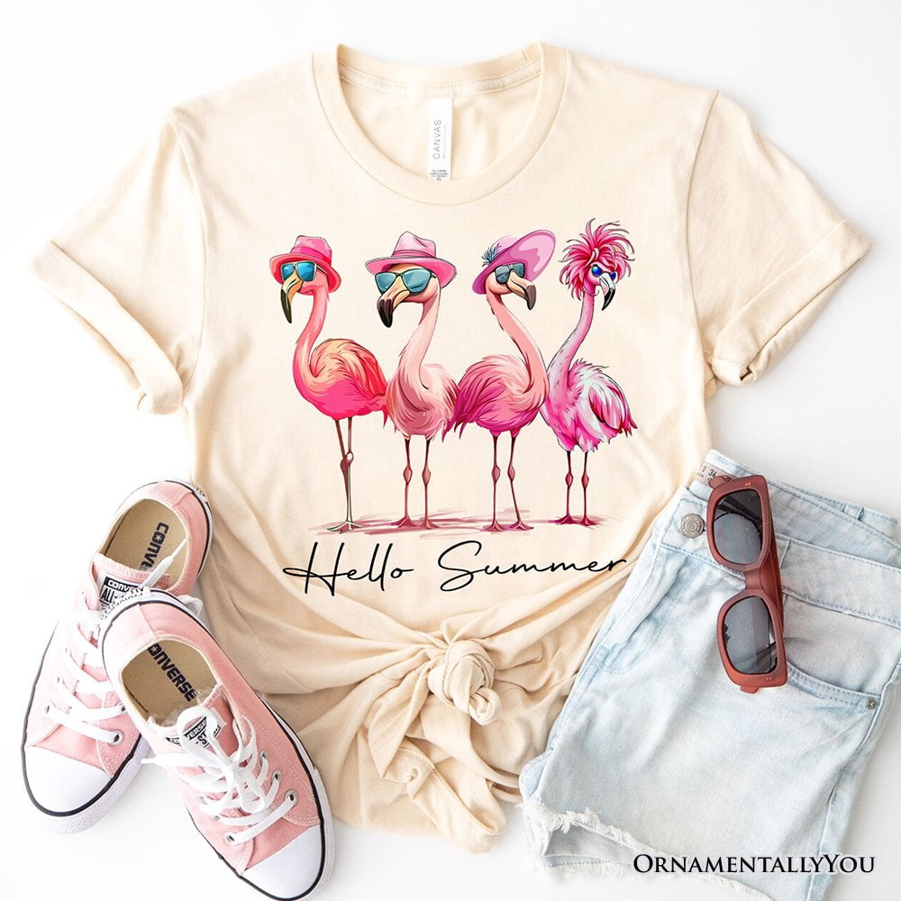 Flamingo Hello Summer T-Shirt, White and Natural Retro Tee with ...