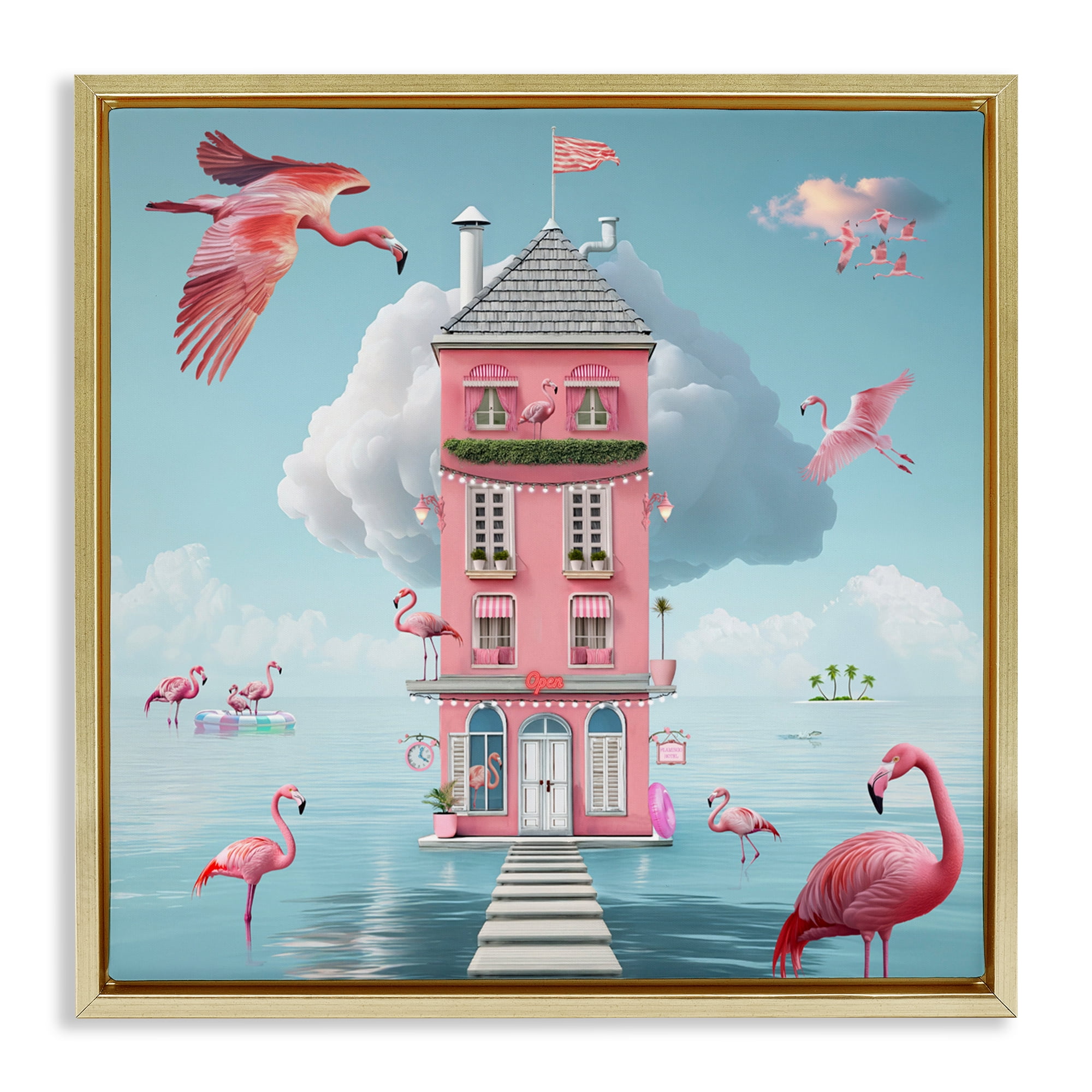 Flamingo Hotel on Water Gold Framed Floater Canvas Wall Art, design by ...