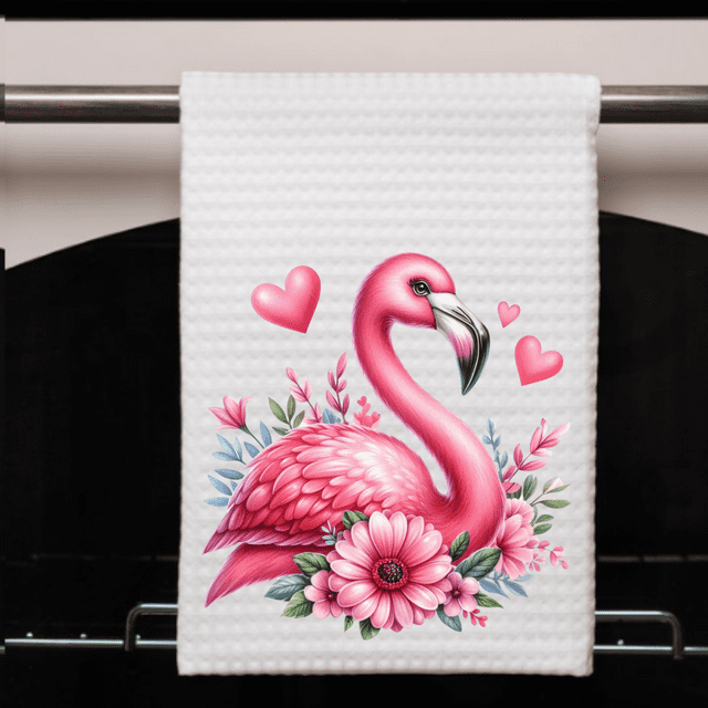 Flamingo Kitchen Towel with Flowers and Hearts, Waffle Weave 16x24 ...