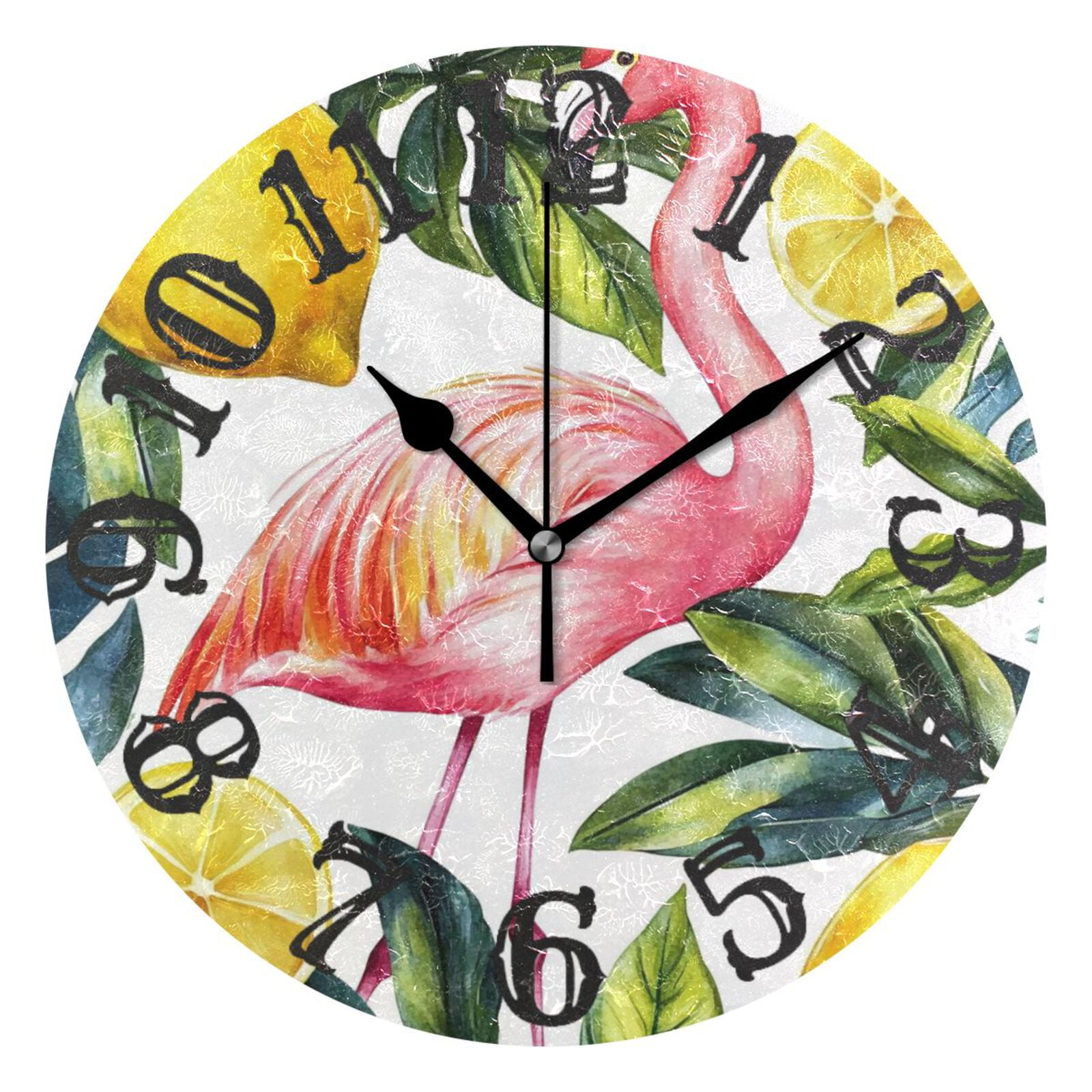 Flamingo Leaves Lemons Wall Clock 10 inch Non-Ticking Easy to Read ...