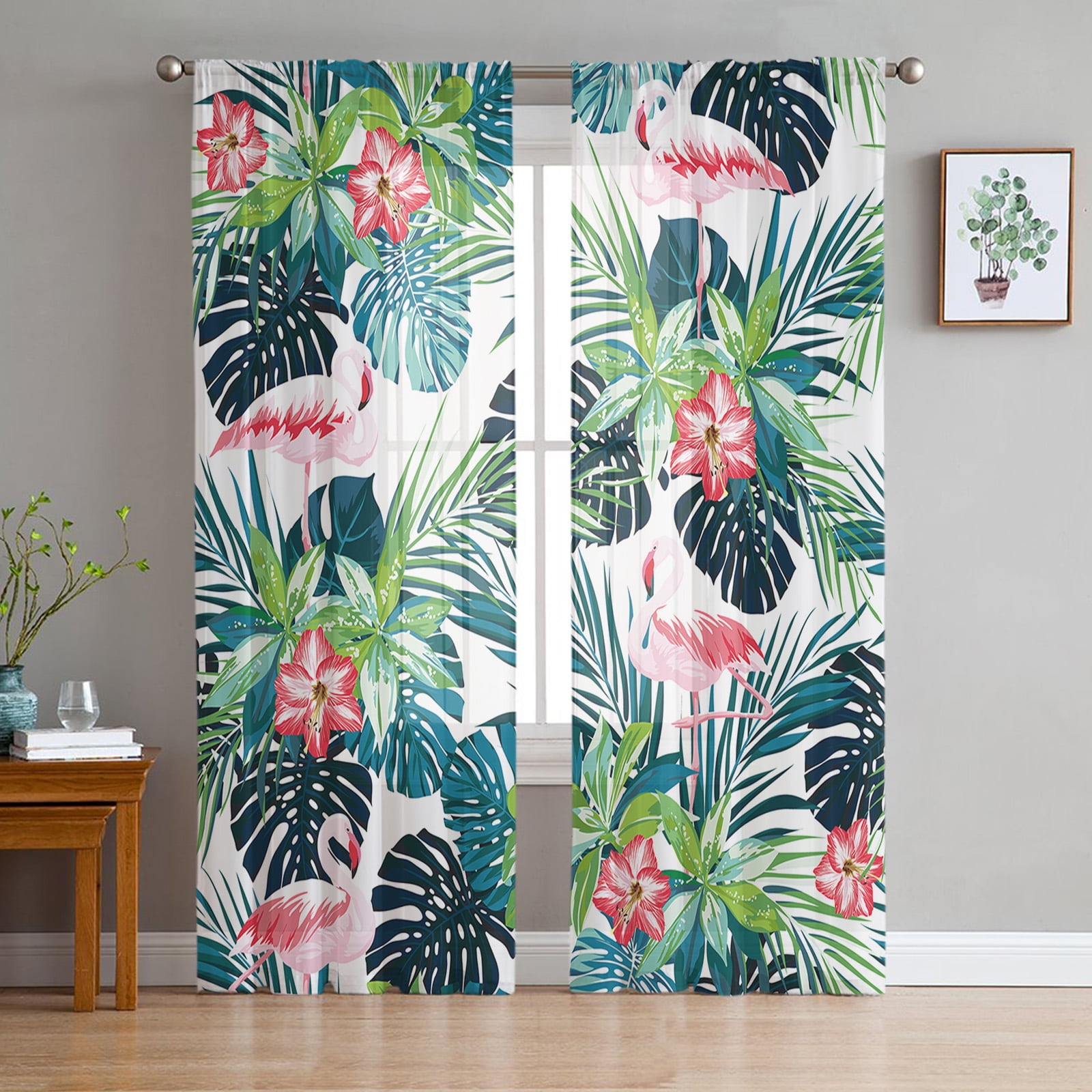 Flamingo Leaves Tropic Window Curtains Bedroom Modern Drape Sheer Tulle ...