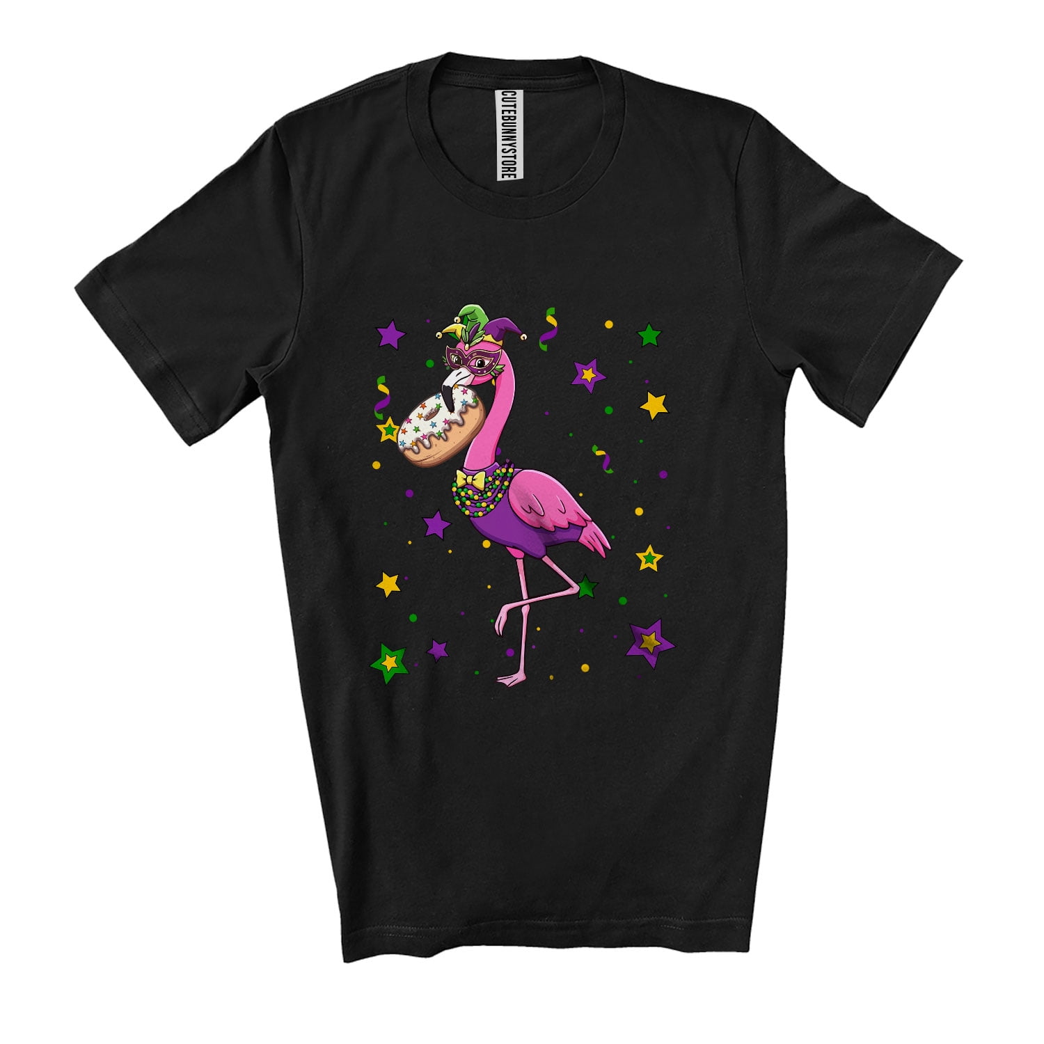 Flamingo Masked Eating Donut; Humorous Mardi Gras Beads Food Lover ...