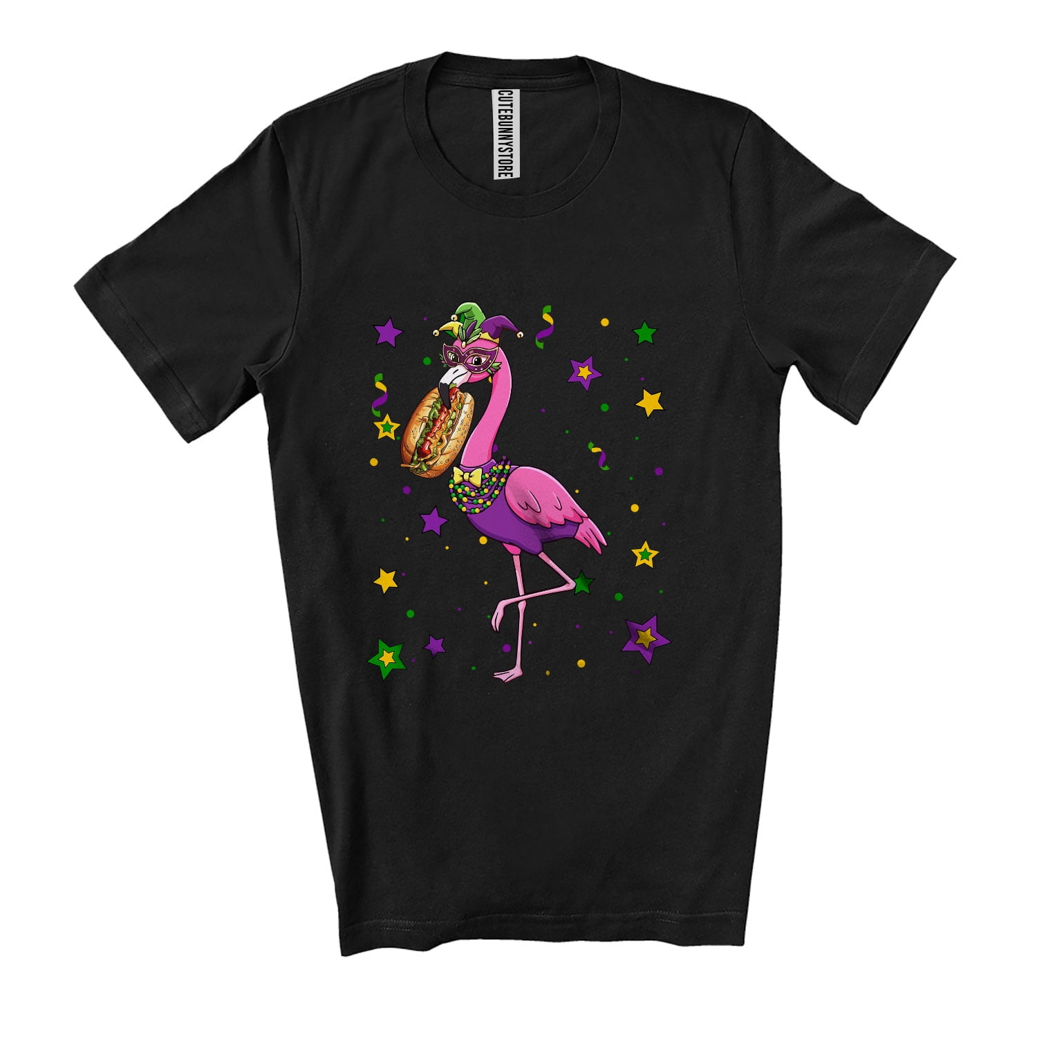 Flamingo Masked Eating Hot Dog; Humorous Mardi Gras Beads Food Lover ...