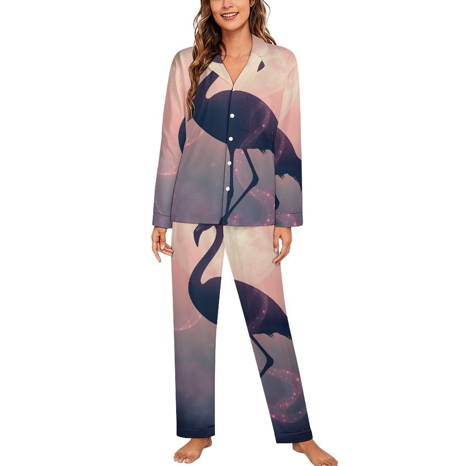 Flamingo Moon Magic Pajamas Long-Sleeve Two Piece Pajamas Set Women V ...