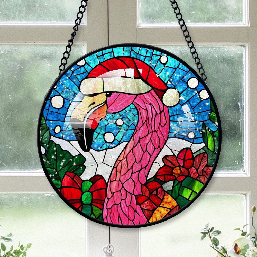 Flamingo Ornament Christmas 2025, Flamingo Stained Glass Window Hanging ...
