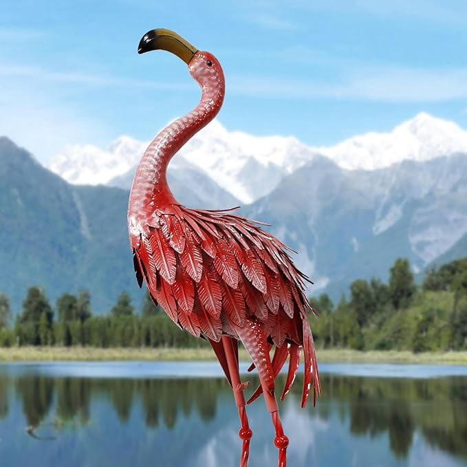 Flamingo Outdoor Decor, Metal Bird Yard Art, Standing Flamingo Statue ...
