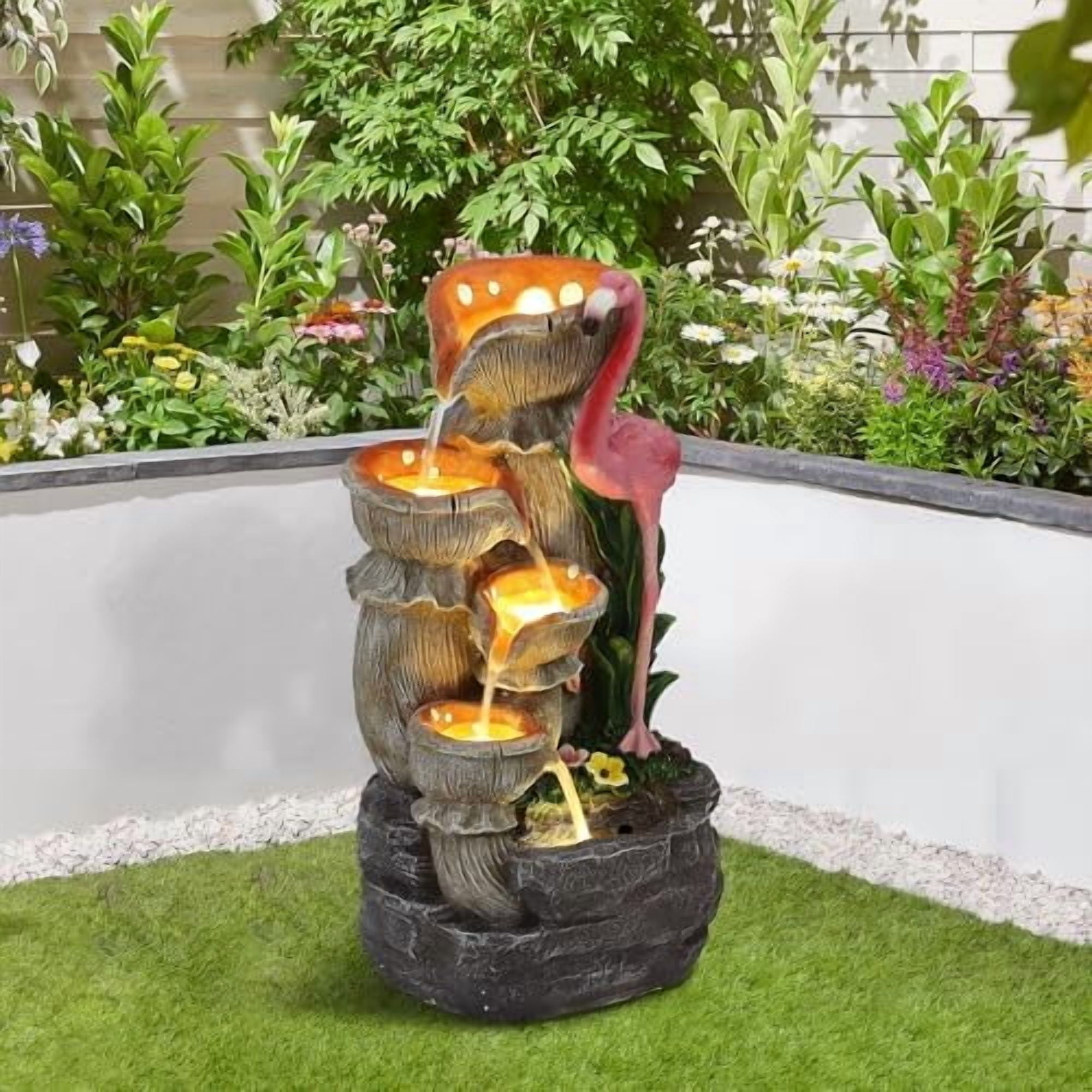Flamingo Outdoor Water Fountain, 5 Tiered Waterfall Fountains with LED ...