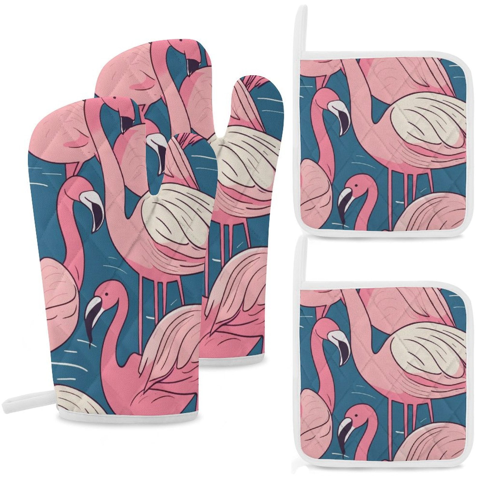 Flamingo Oven Mitt And Pot Holder Set Oven Glove for Kitchen Baking ...