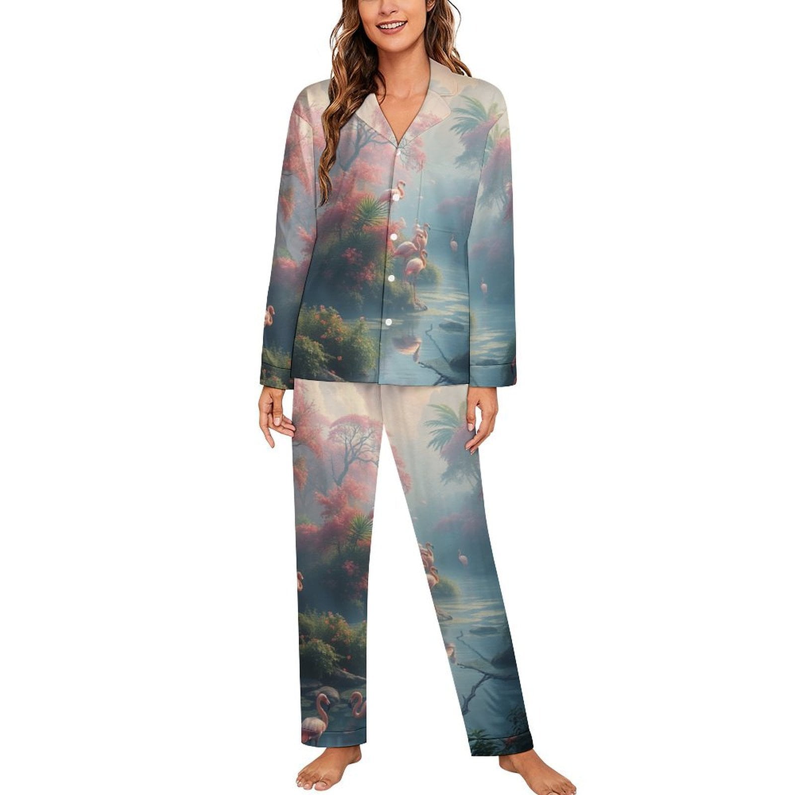 Flamingo Pajamas Night V Neck Nightwear Lady Two Piece Long Sleeve ...