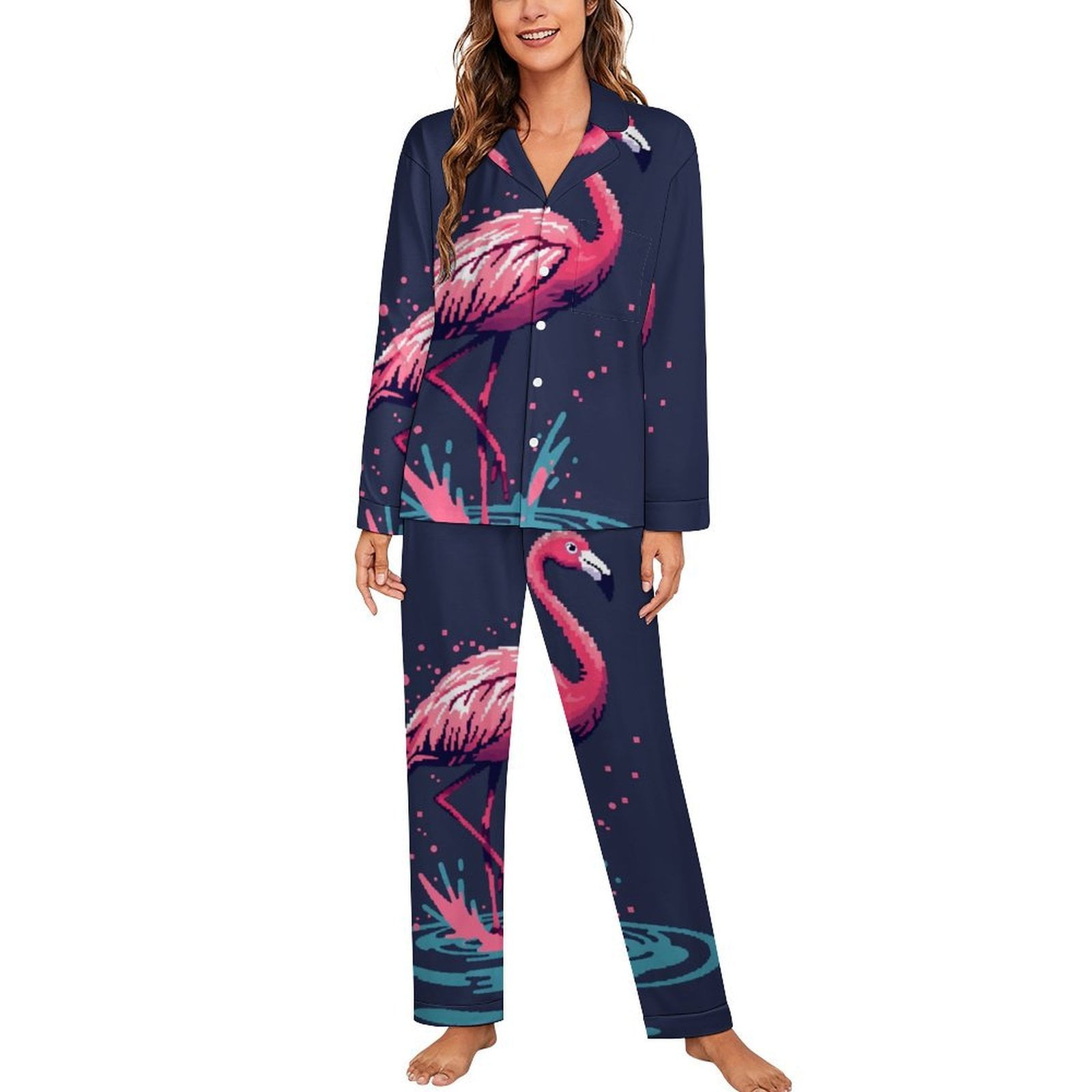 Flamingo Pajamas Woman Home Suit Autumn Long Sleeve 2 Piece Night V ...