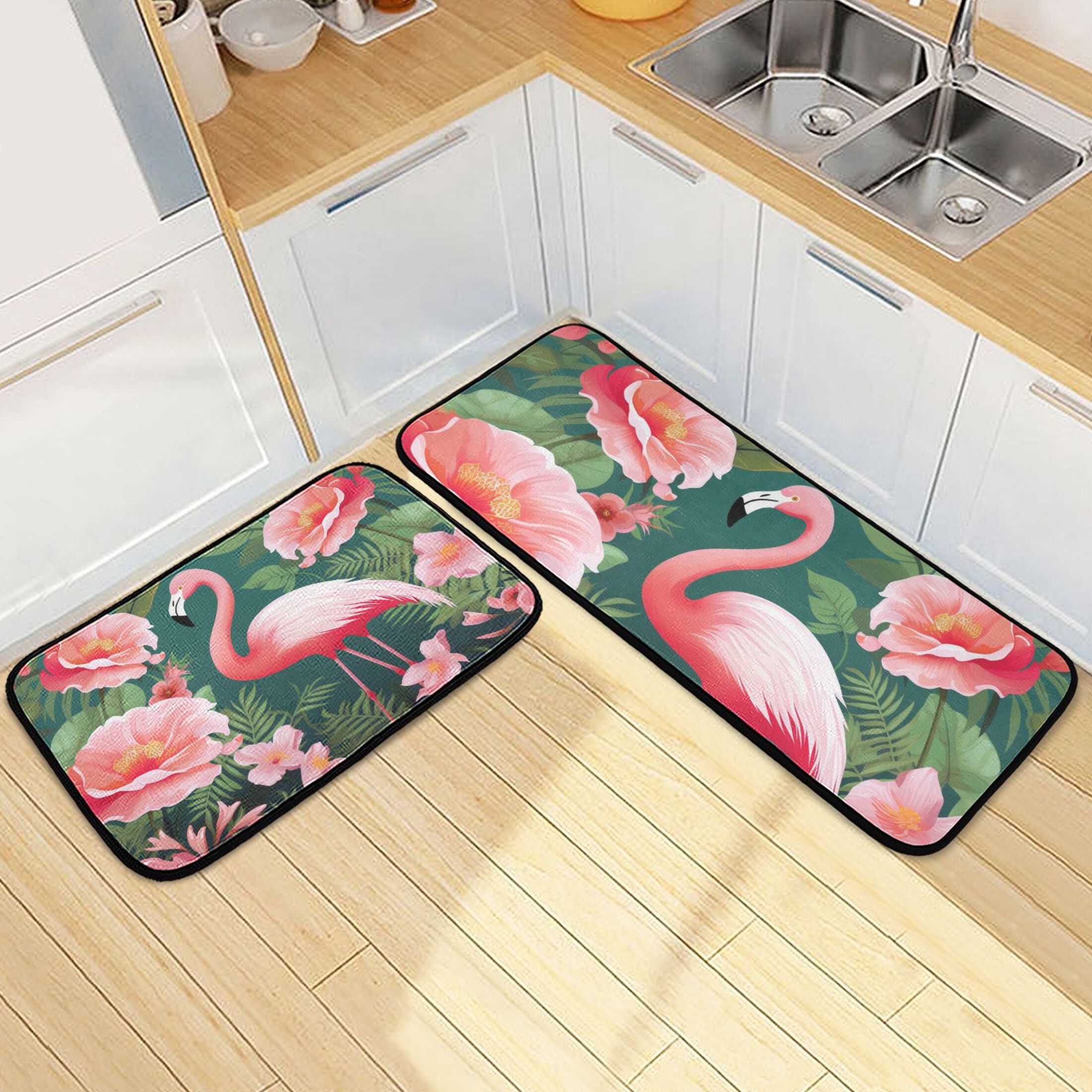 Flamingo Palm Leaves Kitchen Rugs Set of 2 Non Slip Floor Foam Mat ...
