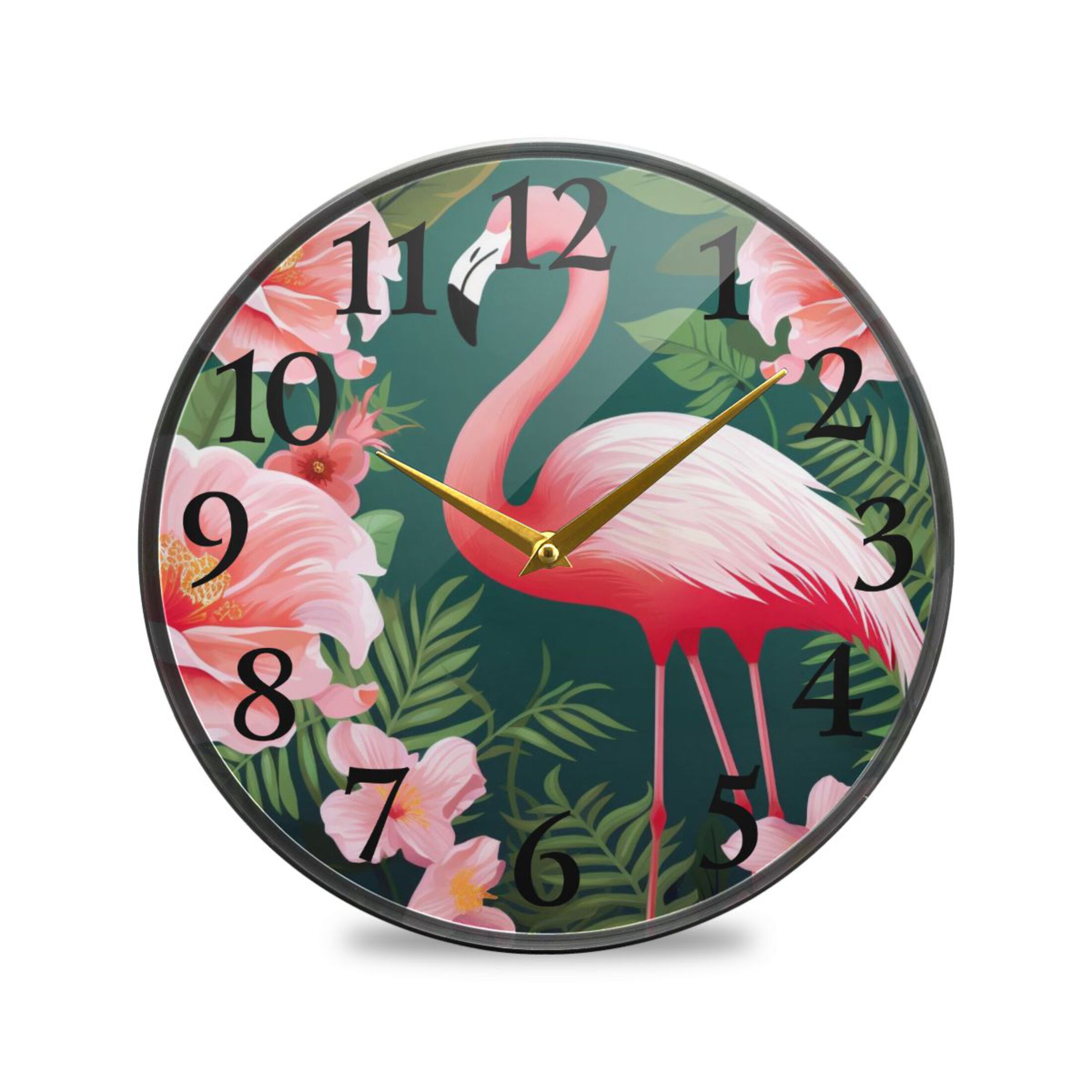 Flamingo Palm Leaves Wall Clocks Battery Operated 9.5 Inch Round Clock ...