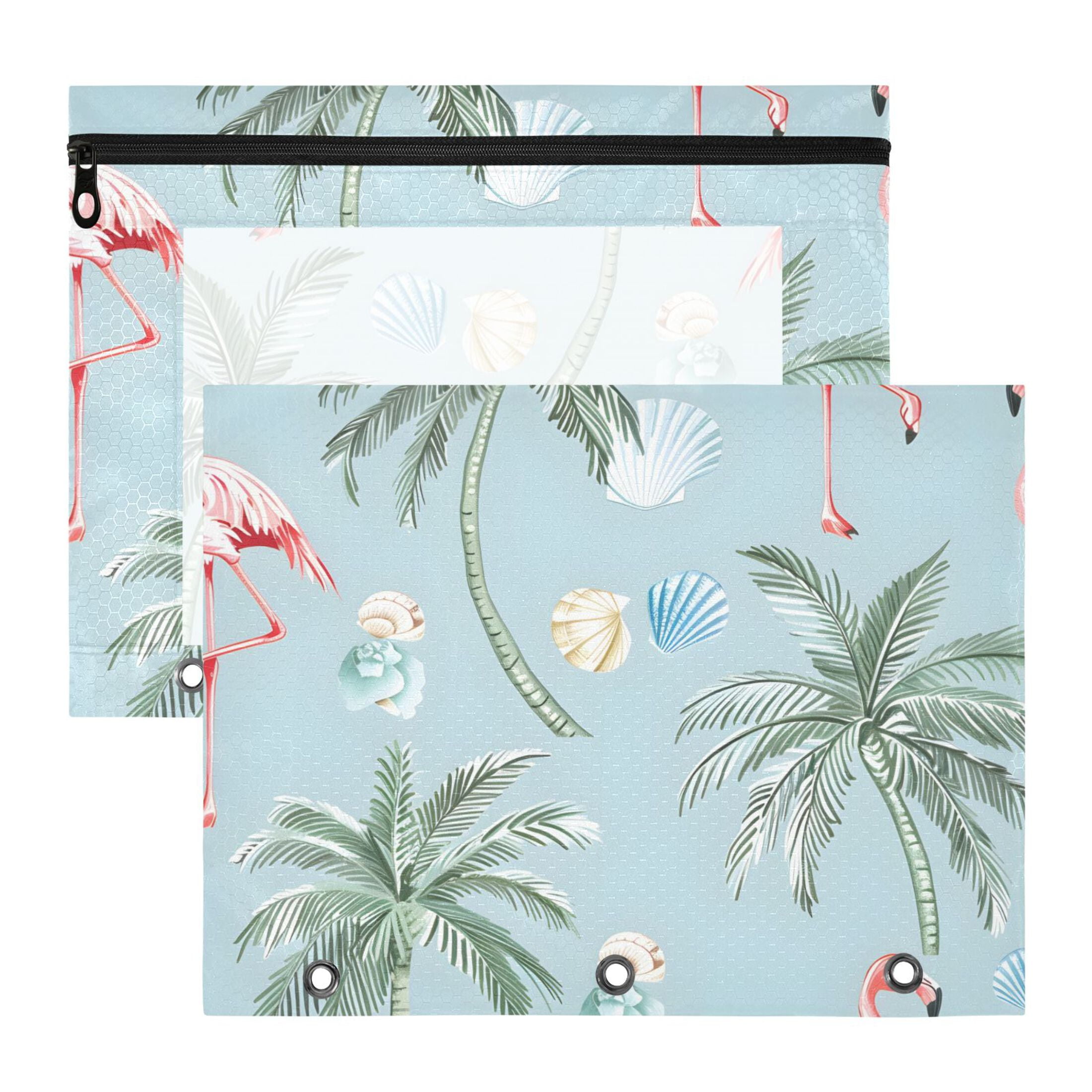 Flamingo Palm Trees Shells 3-Ring Binder Pouches A4 Size Zipper Pocket ...