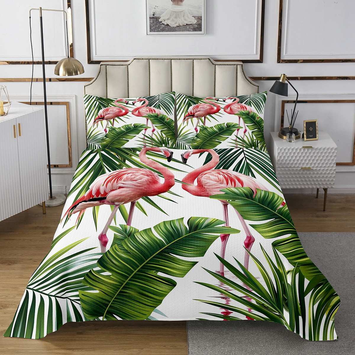 Flamingo Queen Bedspread Set Green Palm Tree Leaves Quilt Set, Tropical ...