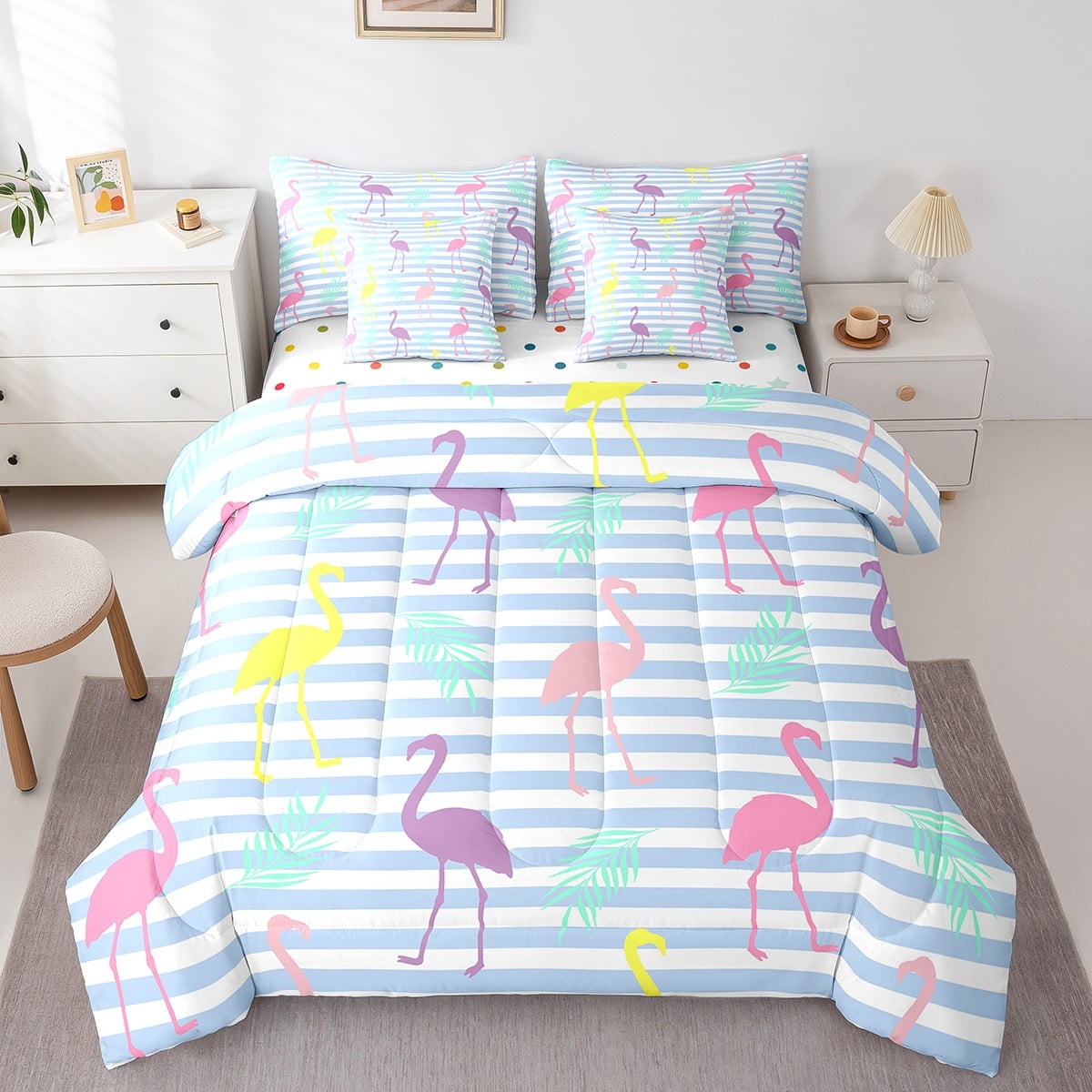 Flamingo Queen Comforter Set 7 Piece,Tropical Animal Bed In A Bag With ...