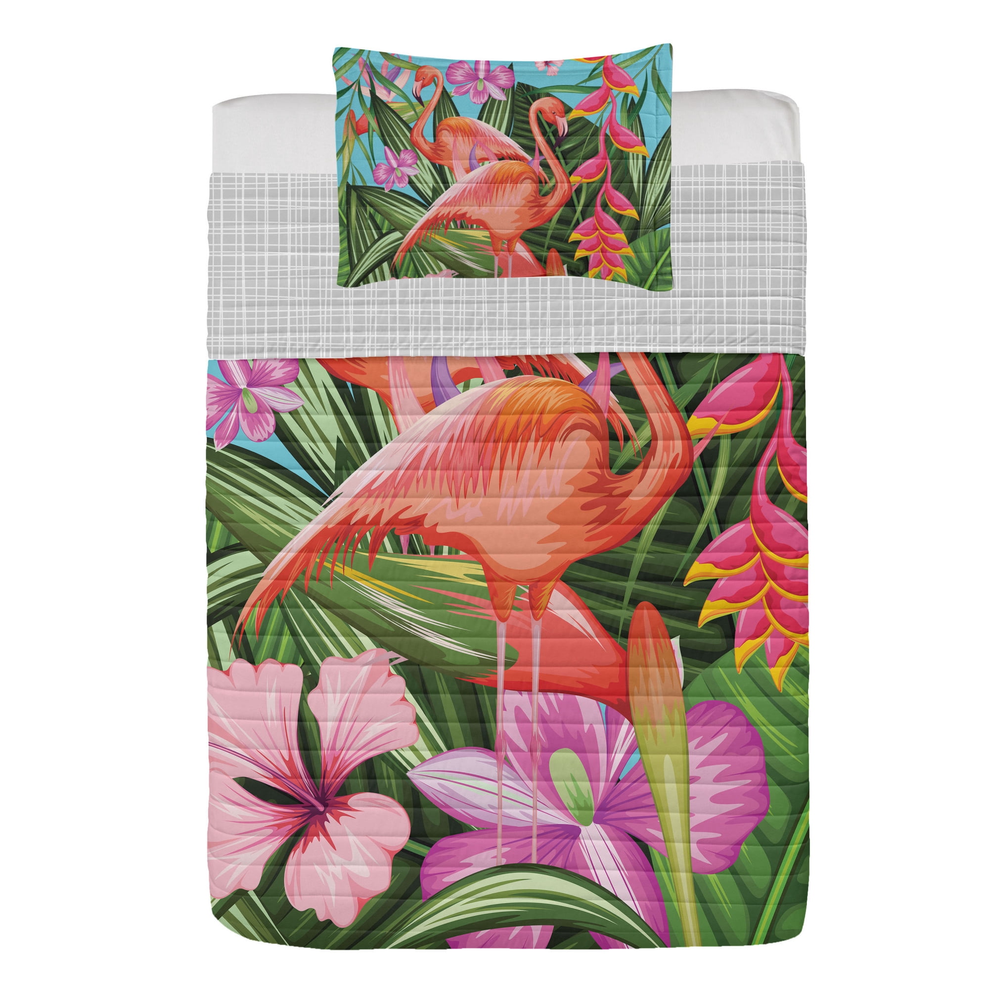 Flamingo Reversible Bedspread Set, Illustration of Animal Tropical ...