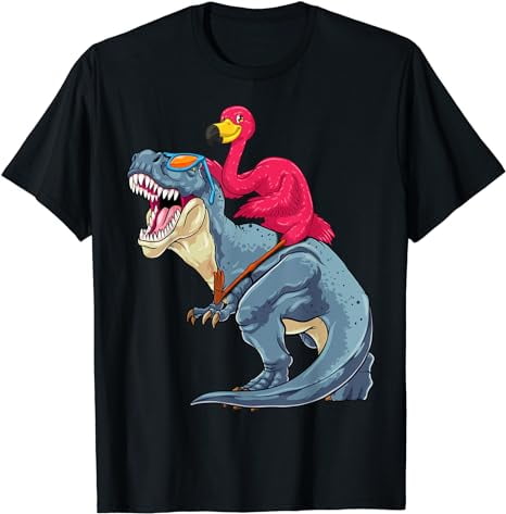 Flamingo Riding Dinosaur T-Rex Funny Flock Bird Dino Pun T-Shirt ...