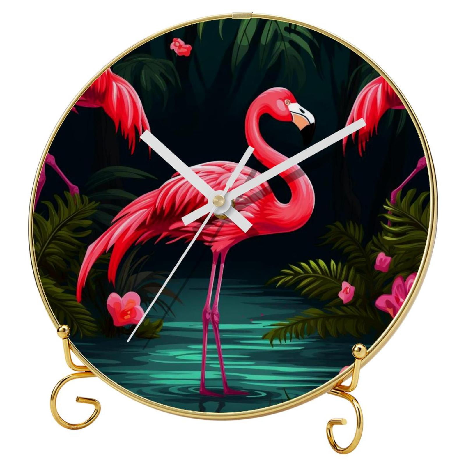 Flamingo Round Printed Wall Clock with Hooks and Gold Stand - Silent ...