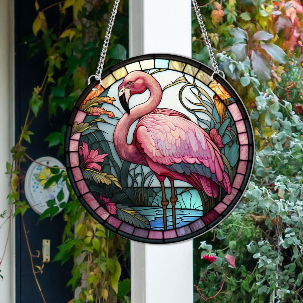 Flamingo Round Stained Acrylic Window Hanging Panels Indoor Outdoor ...