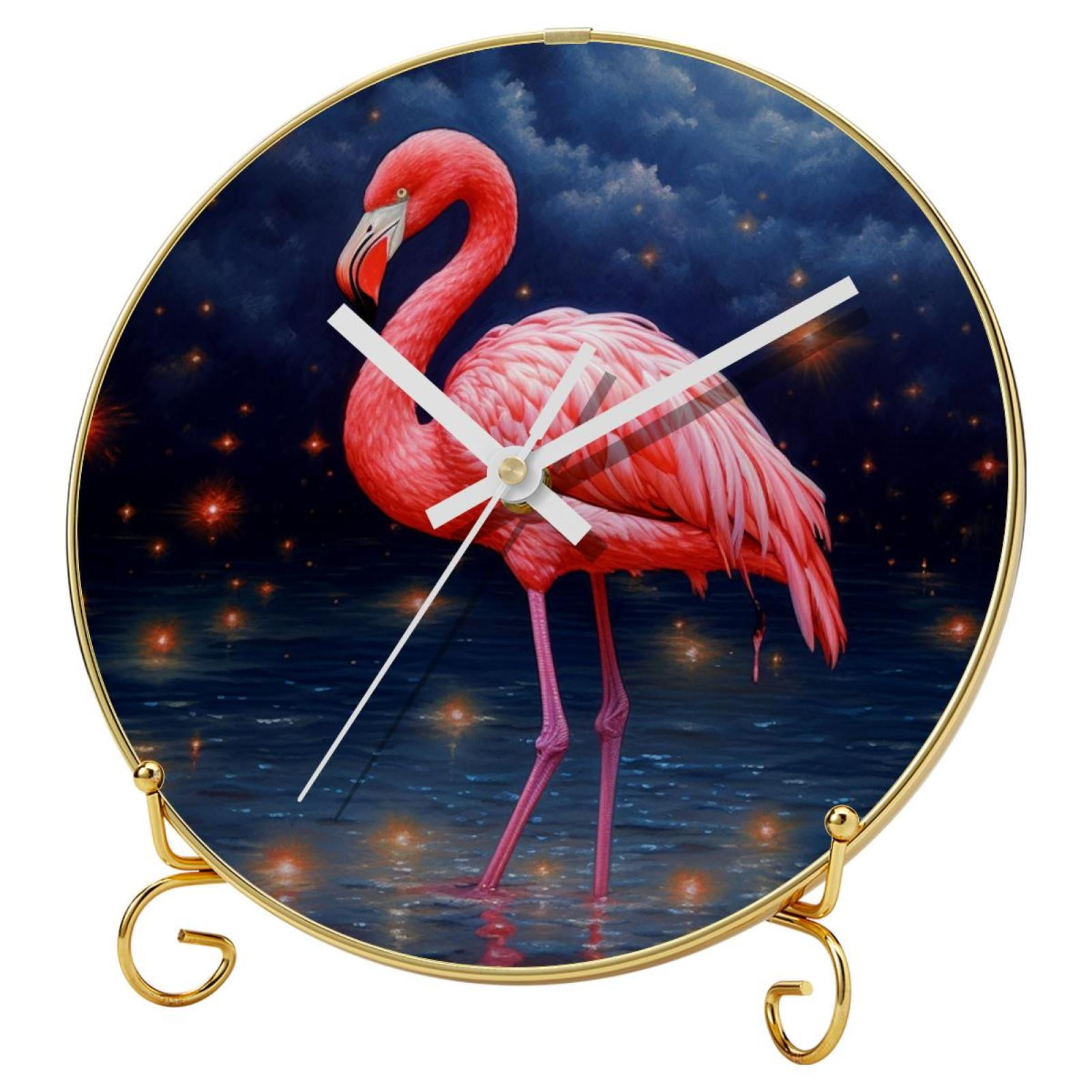 Flamingo Round Wall Clocks with Hooks and Gold Stand, Silent Non ...