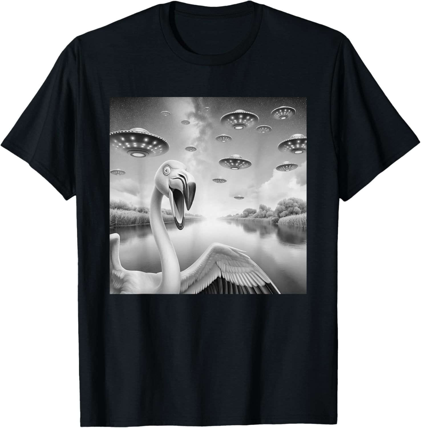 Flamingo Selfie with UFO alien flamingo T-Shirt - Walmart.com