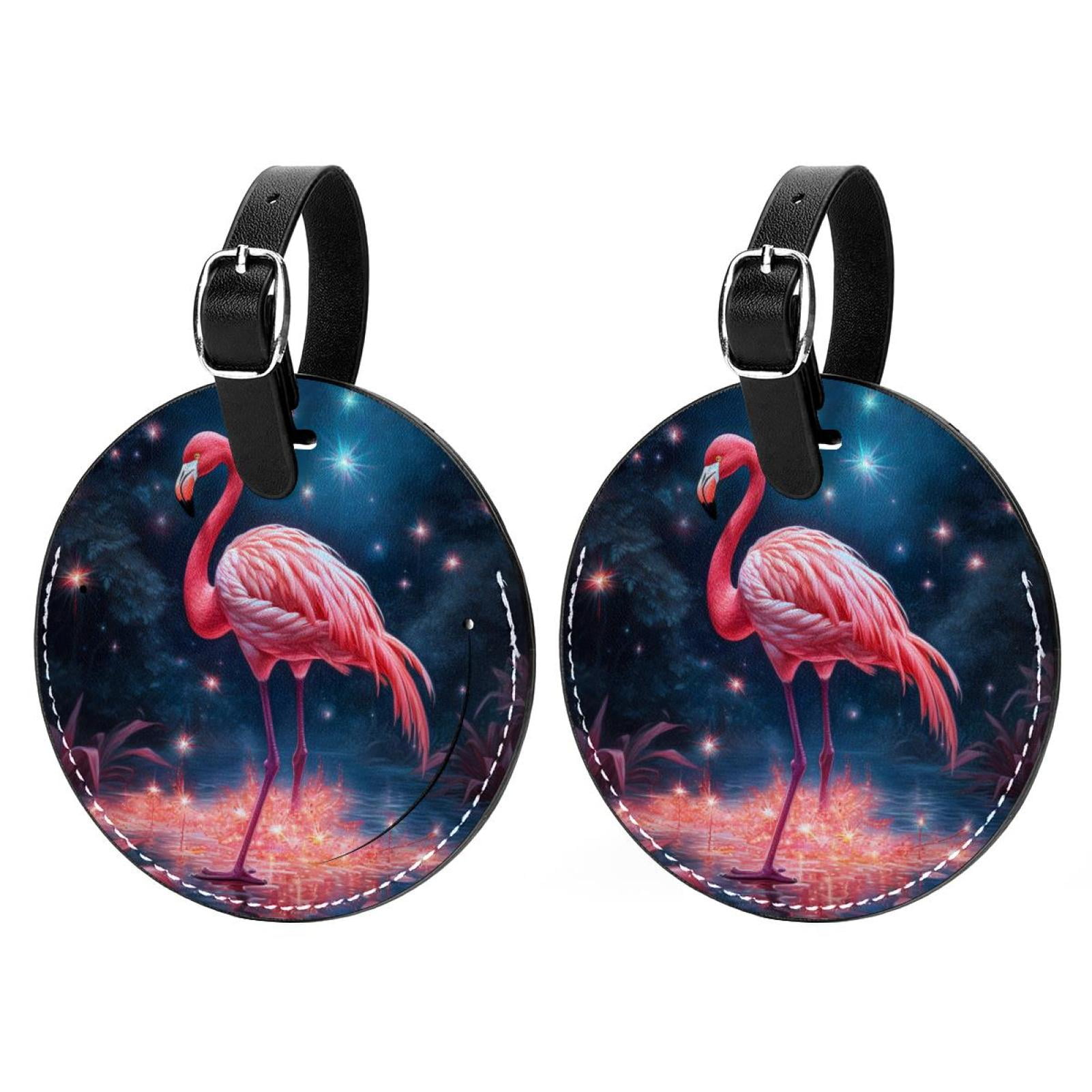 Flamingo Set of 2pcs PU Leather Round Suitcase Tags with Privacy Cover ...