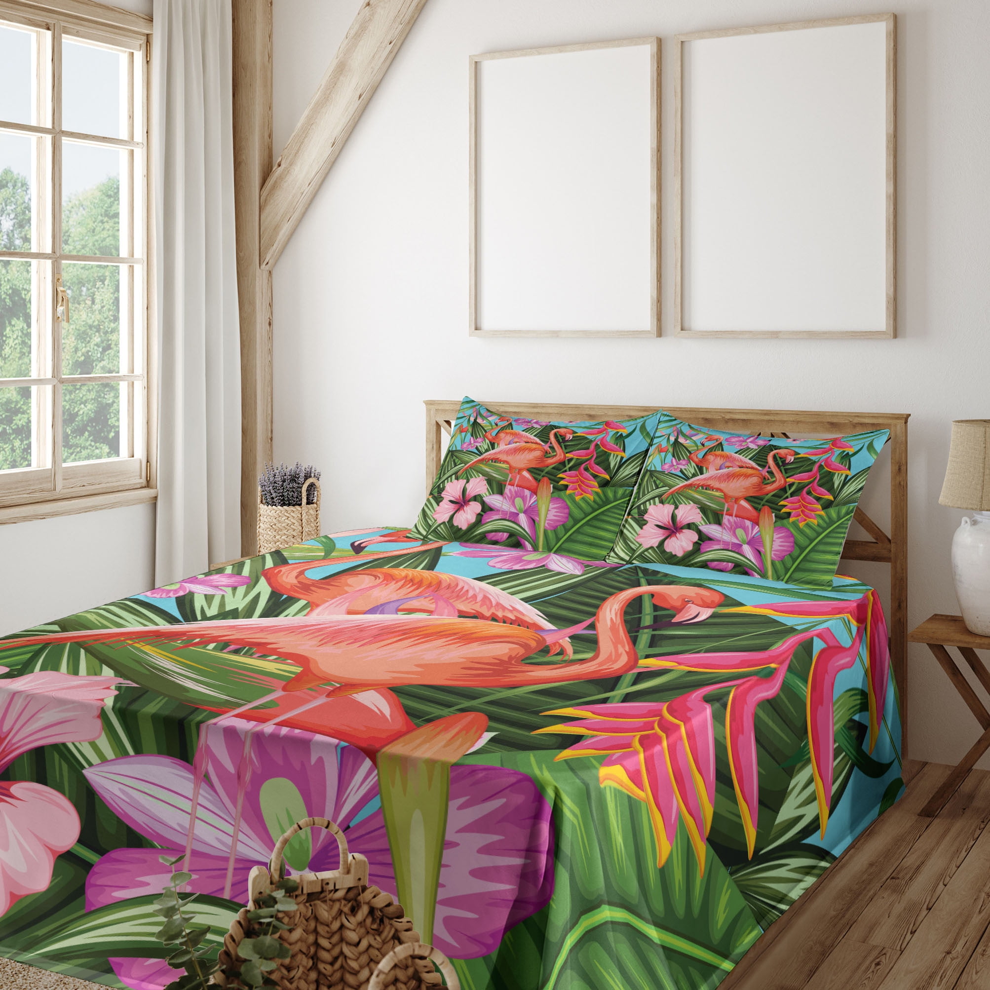 Flamingo Sheet Set, Illustration of Animal Tropical Garden Hibiscus ...