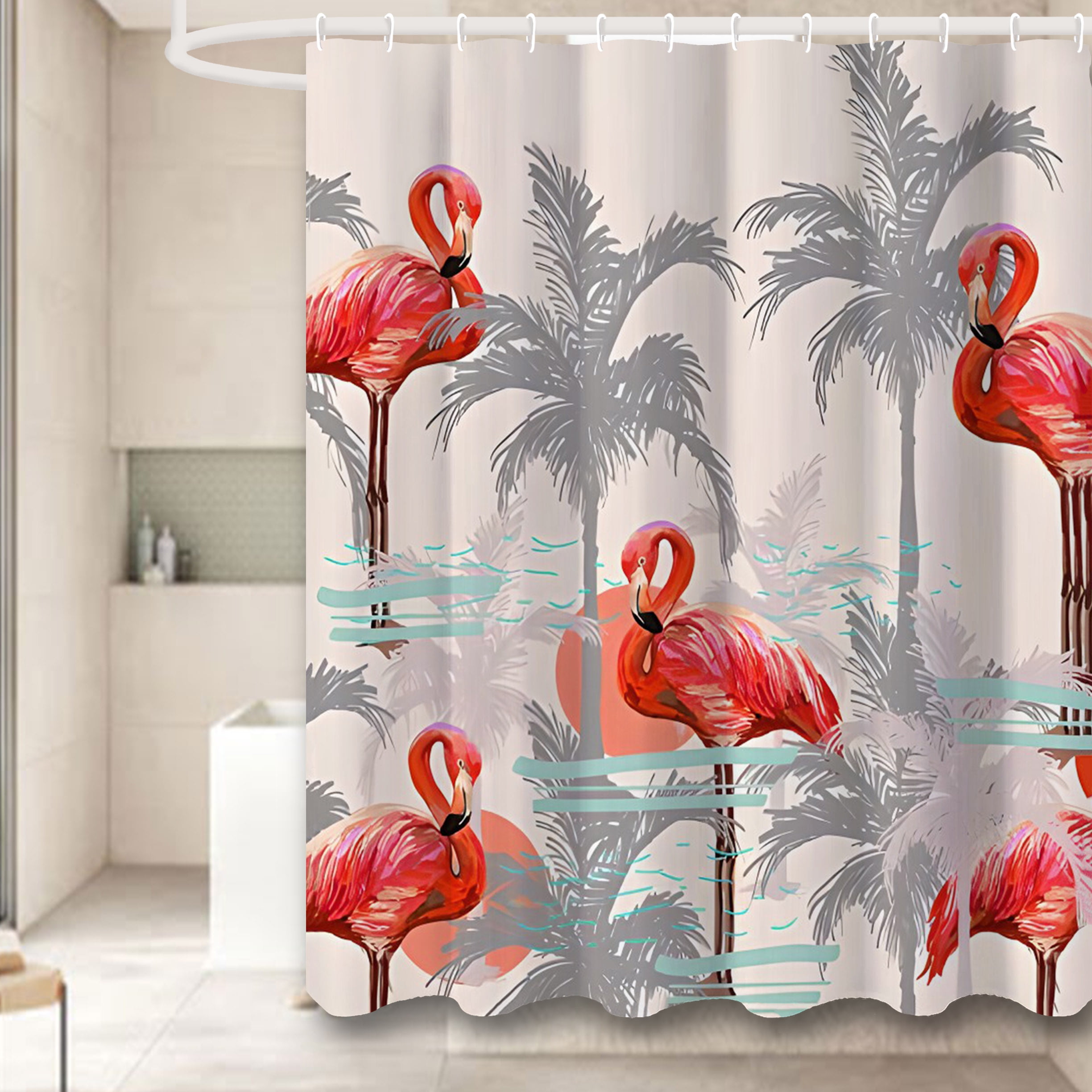 Flamingo Shower Curtain for Bathroom, Tropical Palm Tree Bath Curtains ...