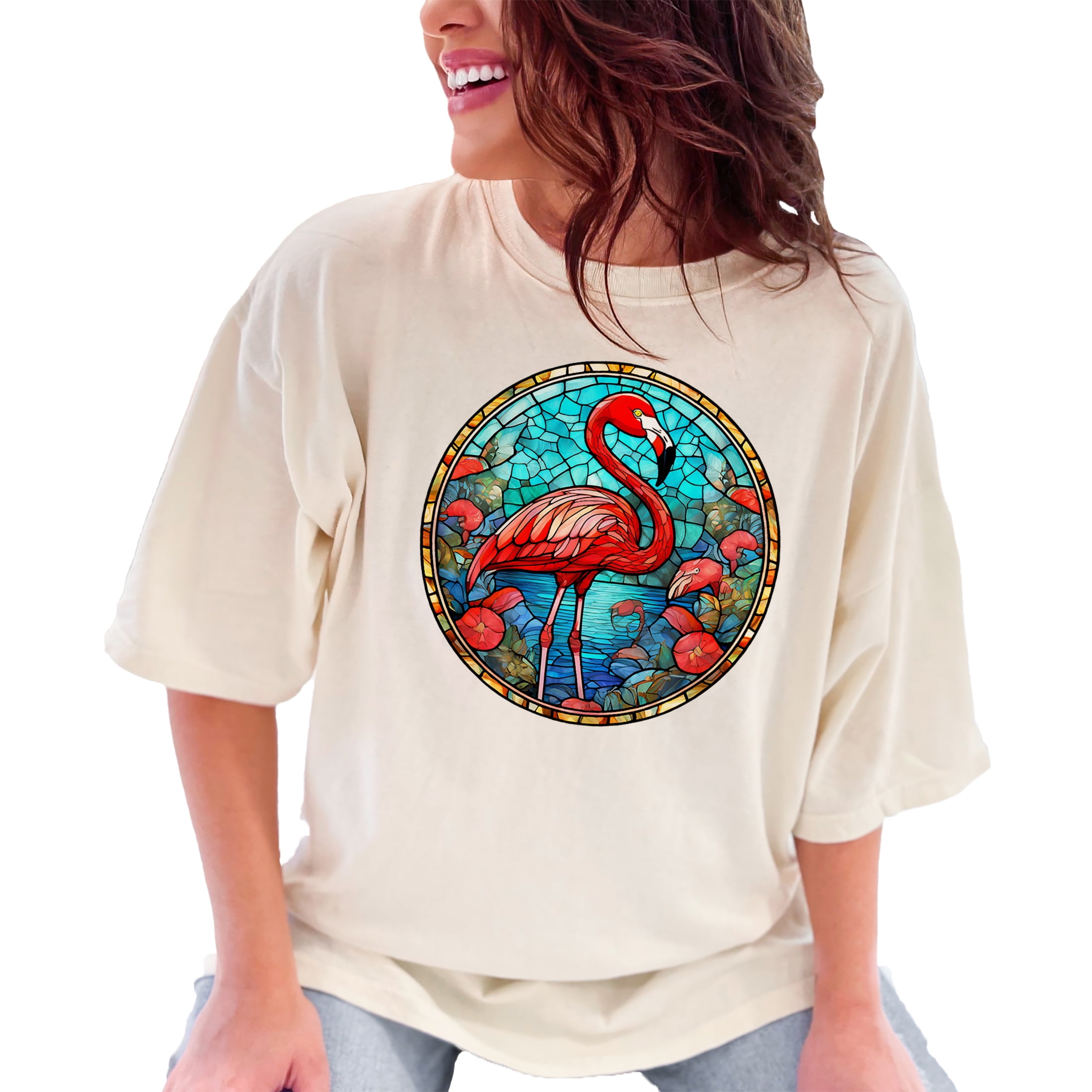 Flamingo Stained Glass Art T-Shirt, Unique Tropical Bird Tee, Colorful ...