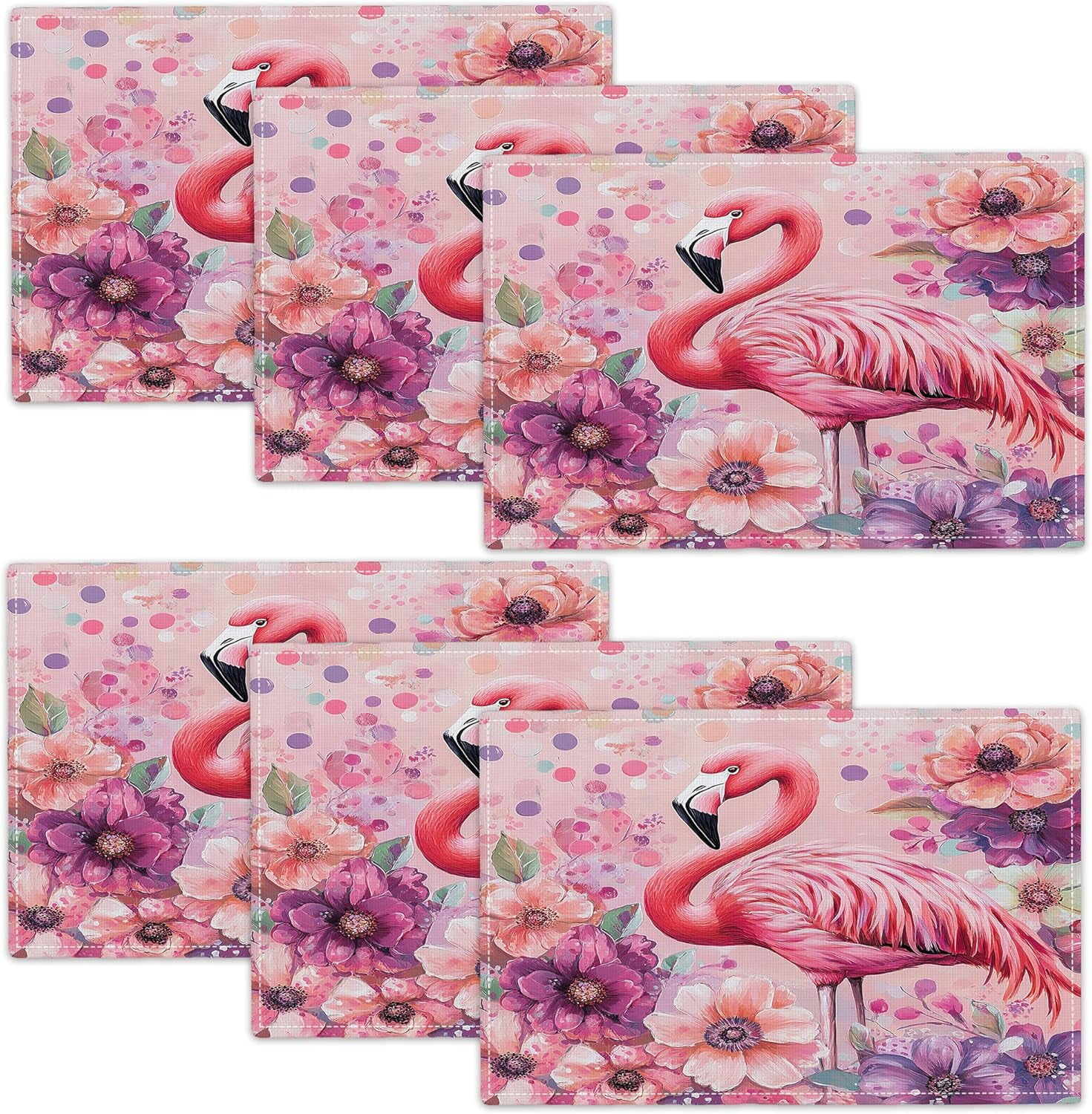 Flamingo Summer Placemats Set of 6, 12x18 Inch Flamingo Flower Table ...
