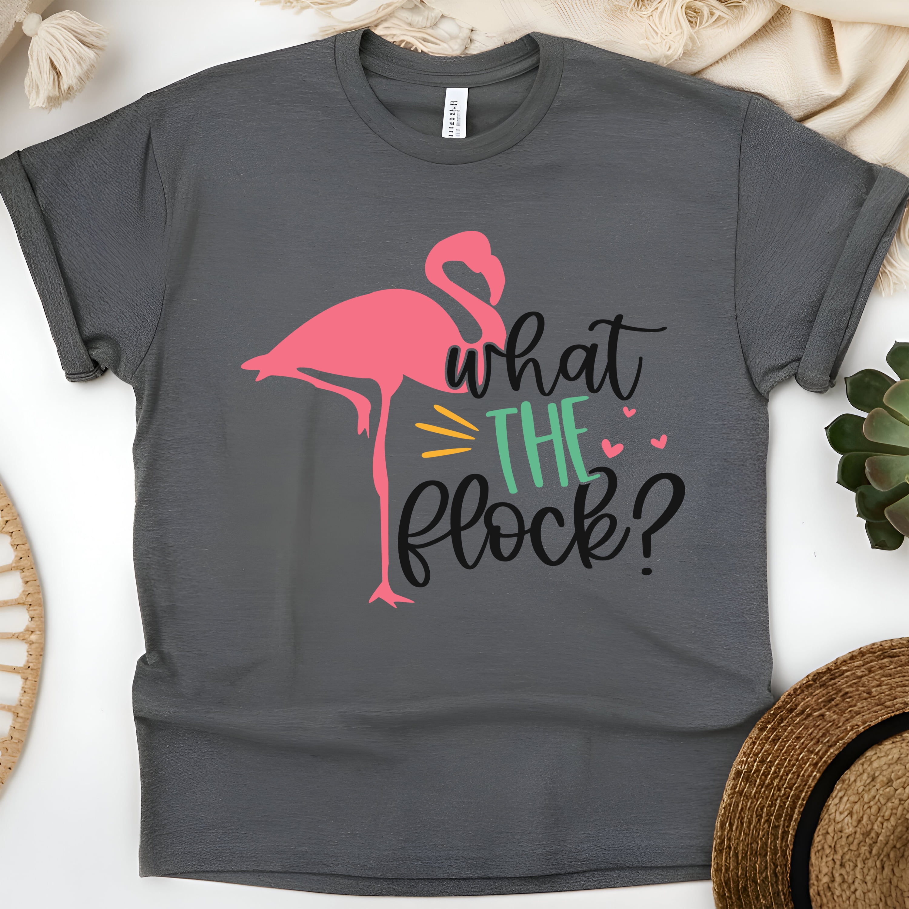 Flamingo Summer T-Shirt – Cute “What The Flock?” Funny Saying Shirt, Dark Heather, Size XL ...