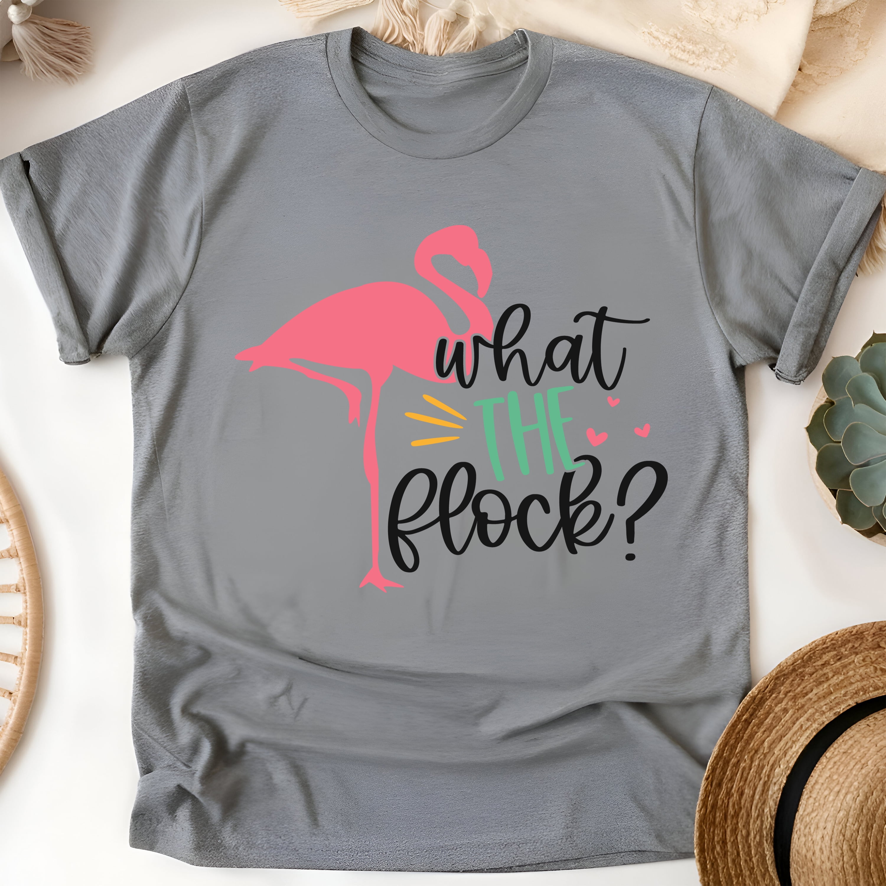 Flamingo Summer T-Shirt – Cute “What The Flock?” Funny Saying Shirt, Graphite Heather, Size 2XL ...